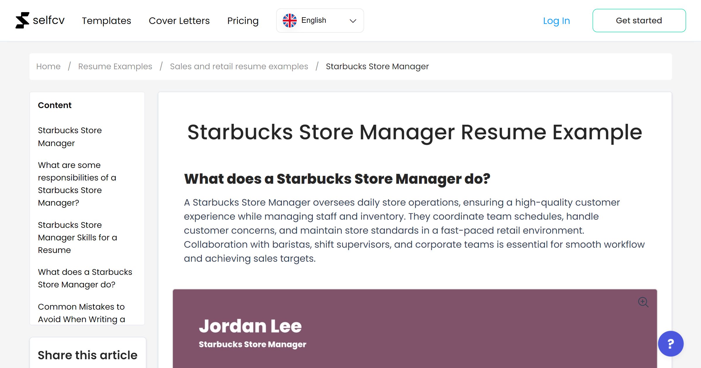 Starbucks Store Manager Resume Example