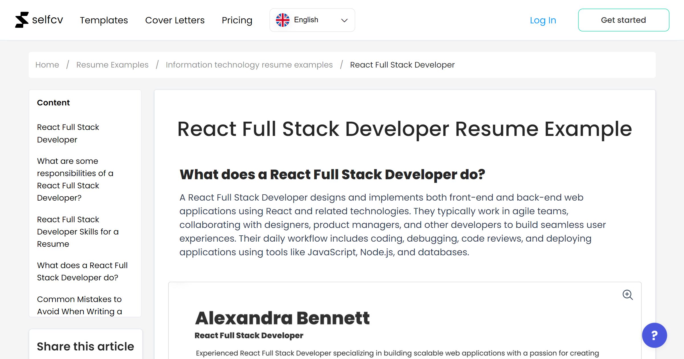 React Full Stack Developer Resume Example