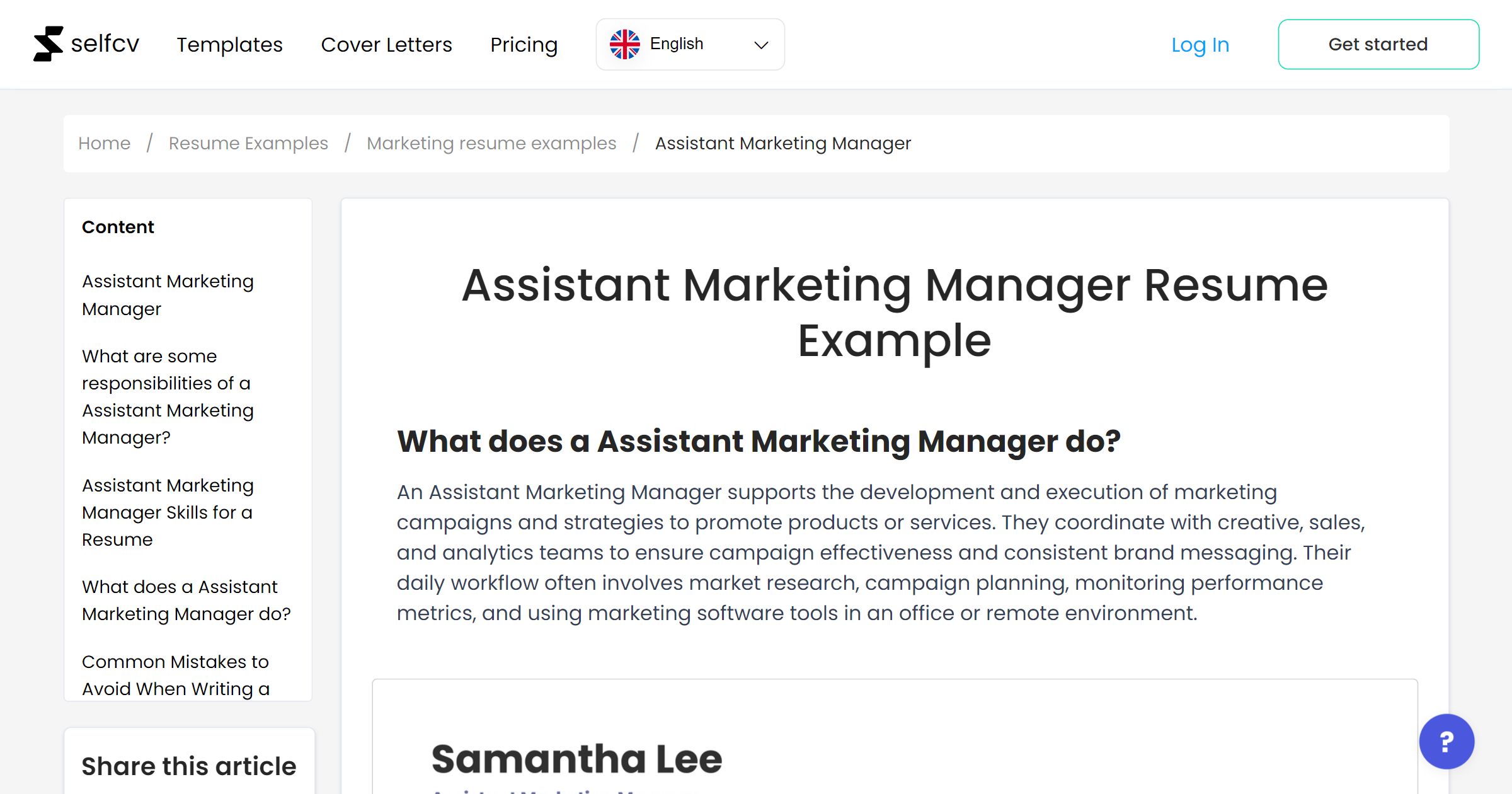 Assistant Marketing Manager Resume Example
