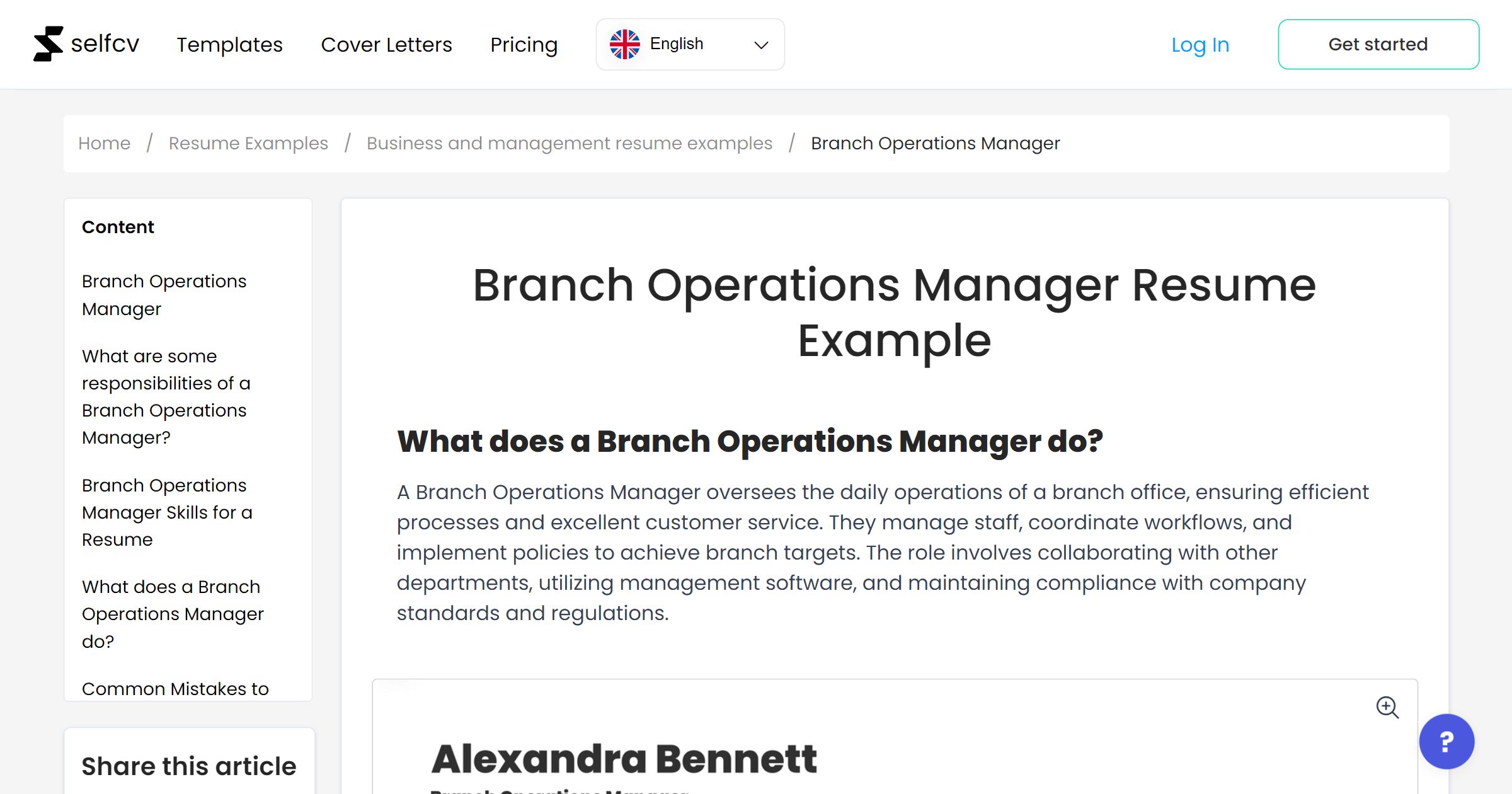 Branch Operations Manager Resume Example