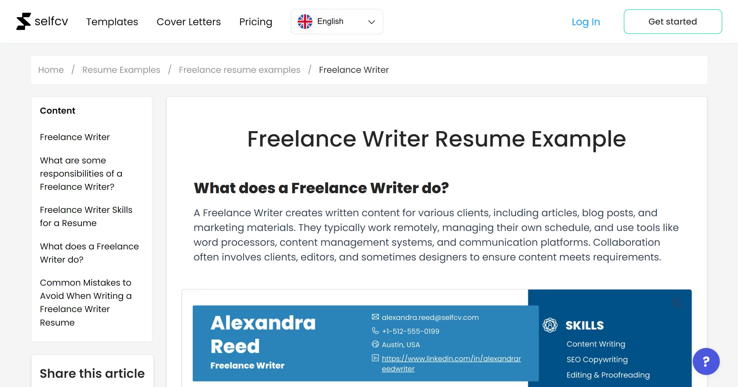 Freelance Writer Resume Example
