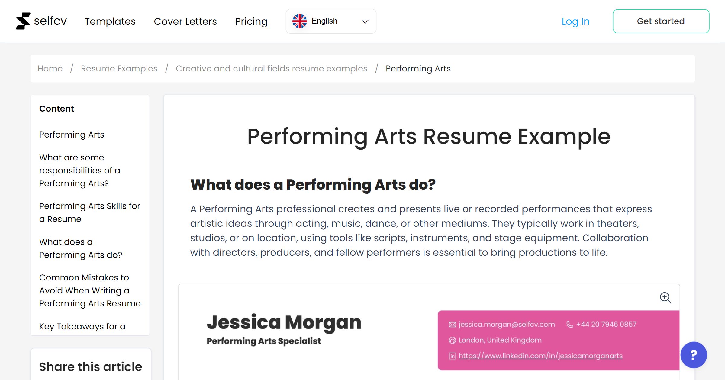 Performing Arts Resume Example