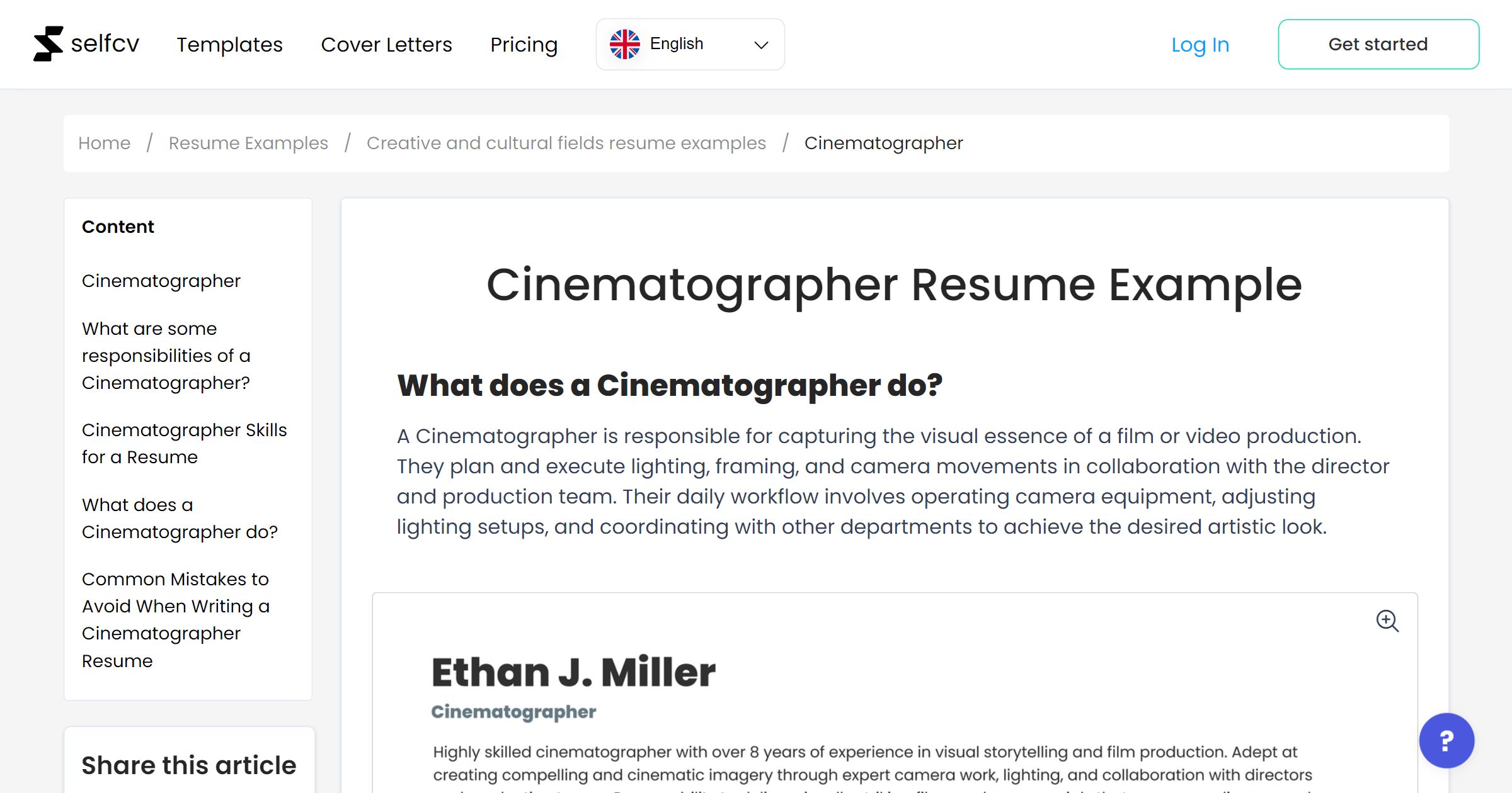 Cinematographer Resume Example