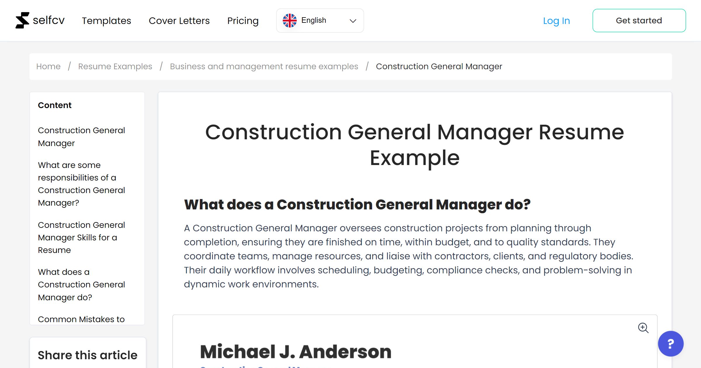 Construction General Manager Resume Example