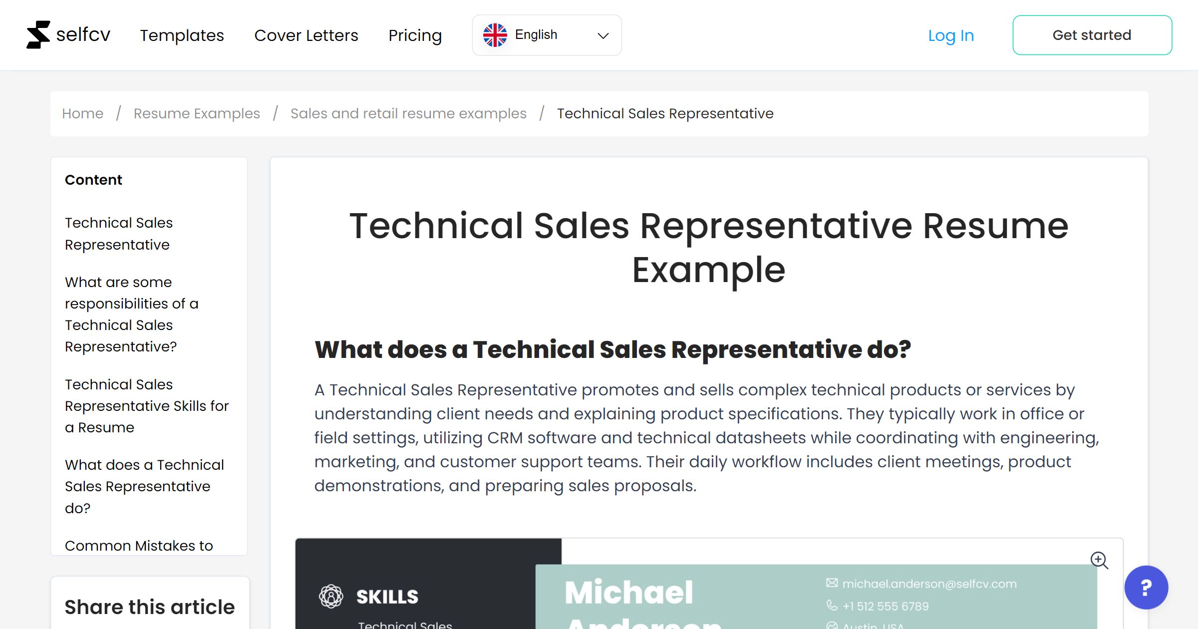 Technical Sales Representative Resume Example