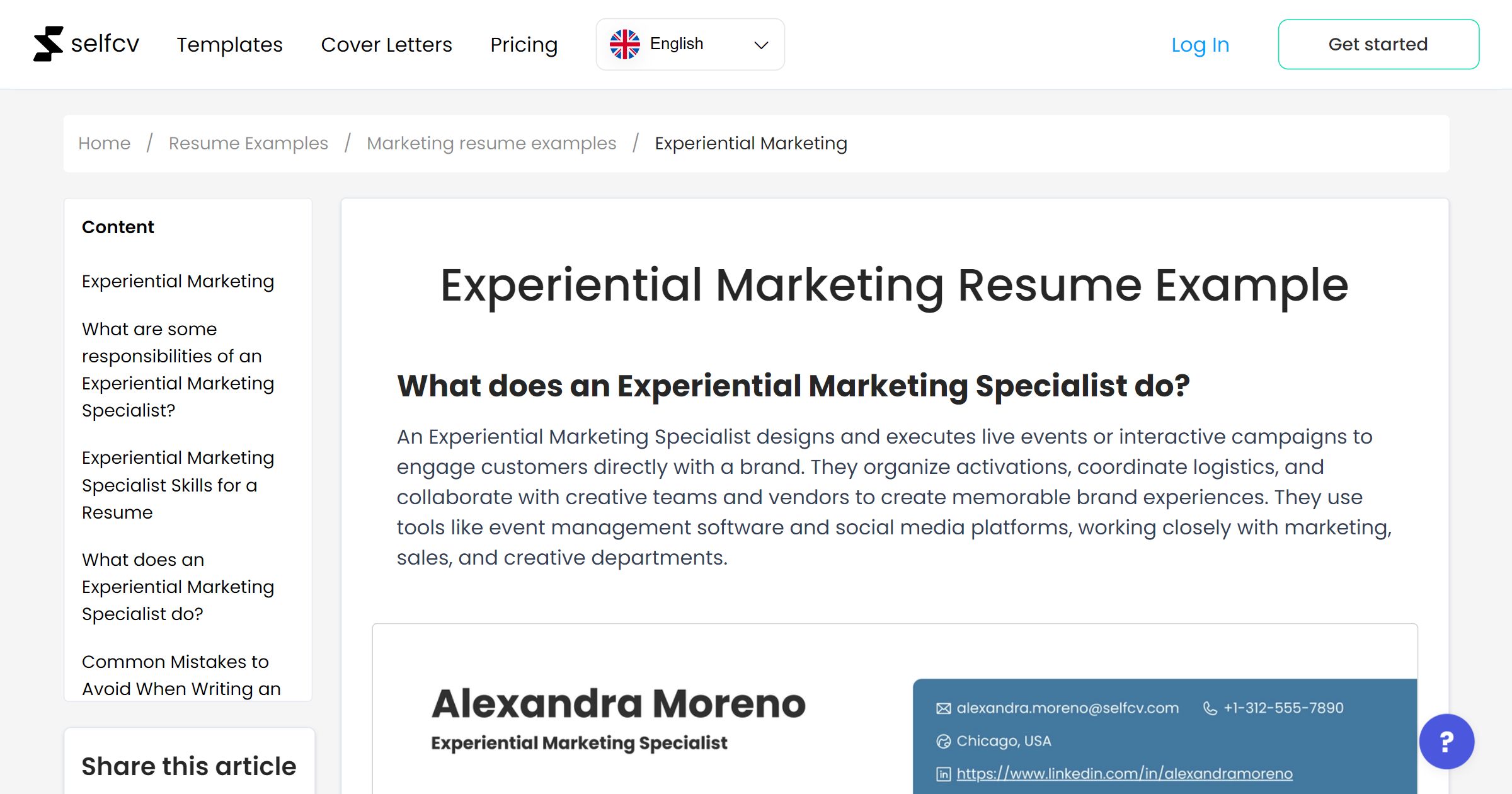 Experiential Marketing Resume Example