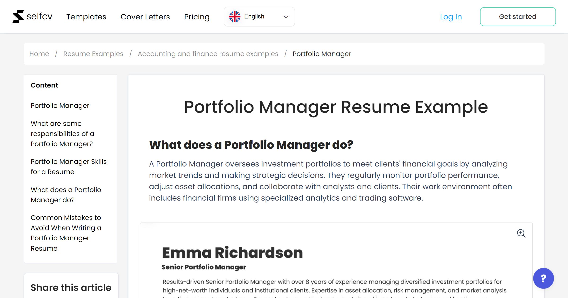 Portfolio Manager Resume Example