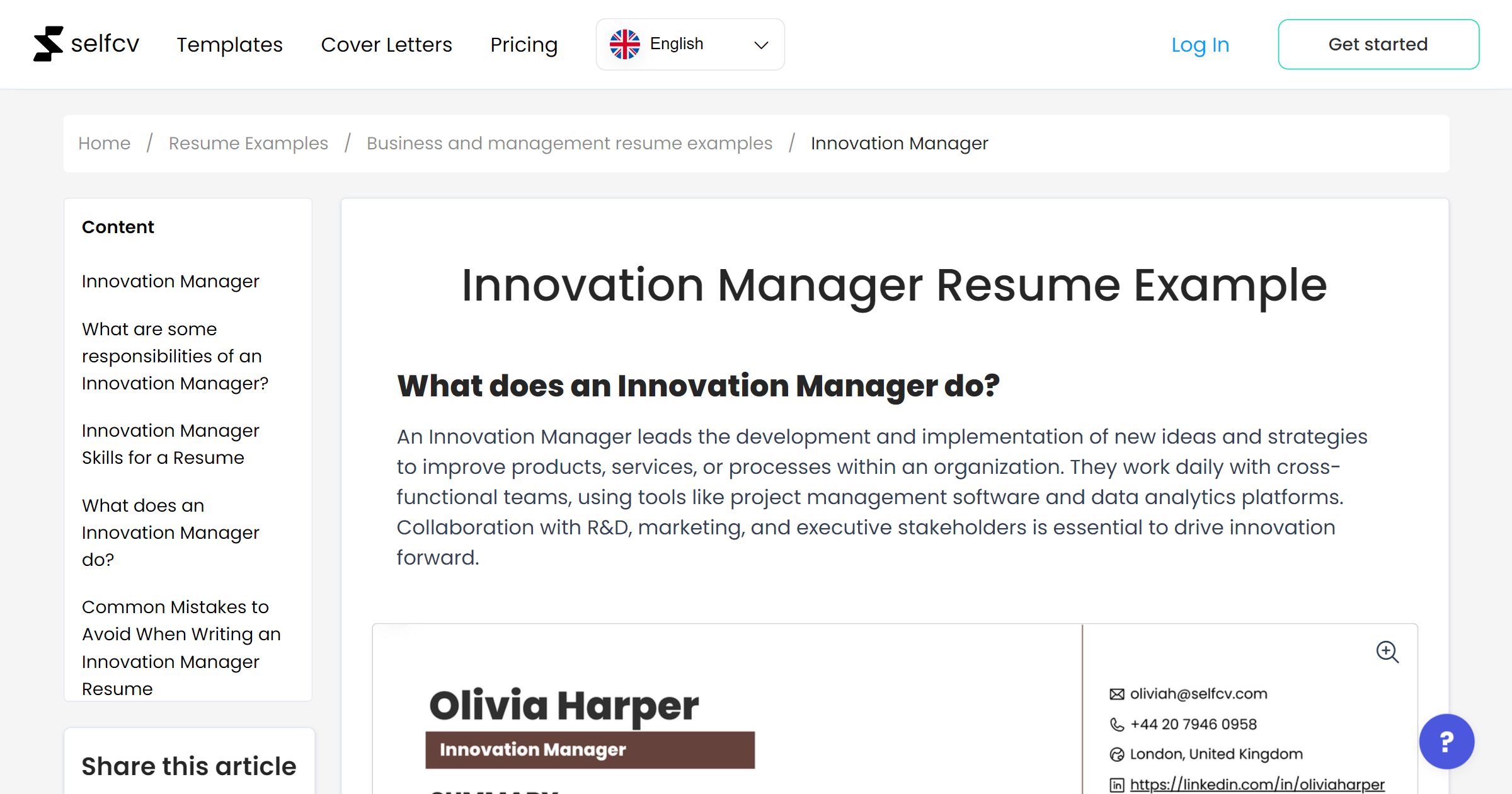 Innovation Manager Resume Example