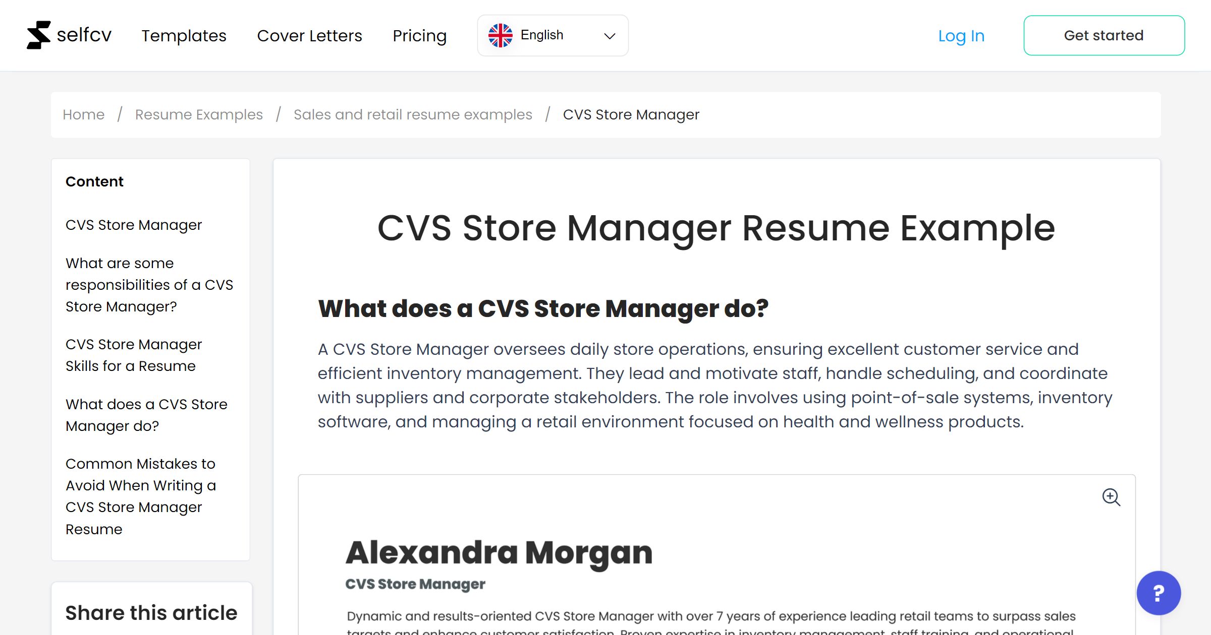 CVS Store Manager Resume Example