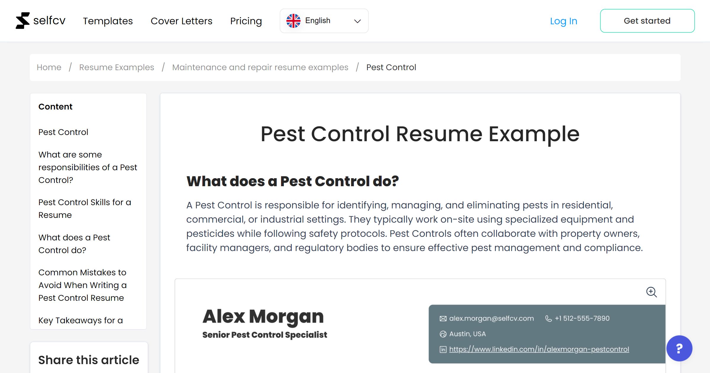 Pest Control Resume Example