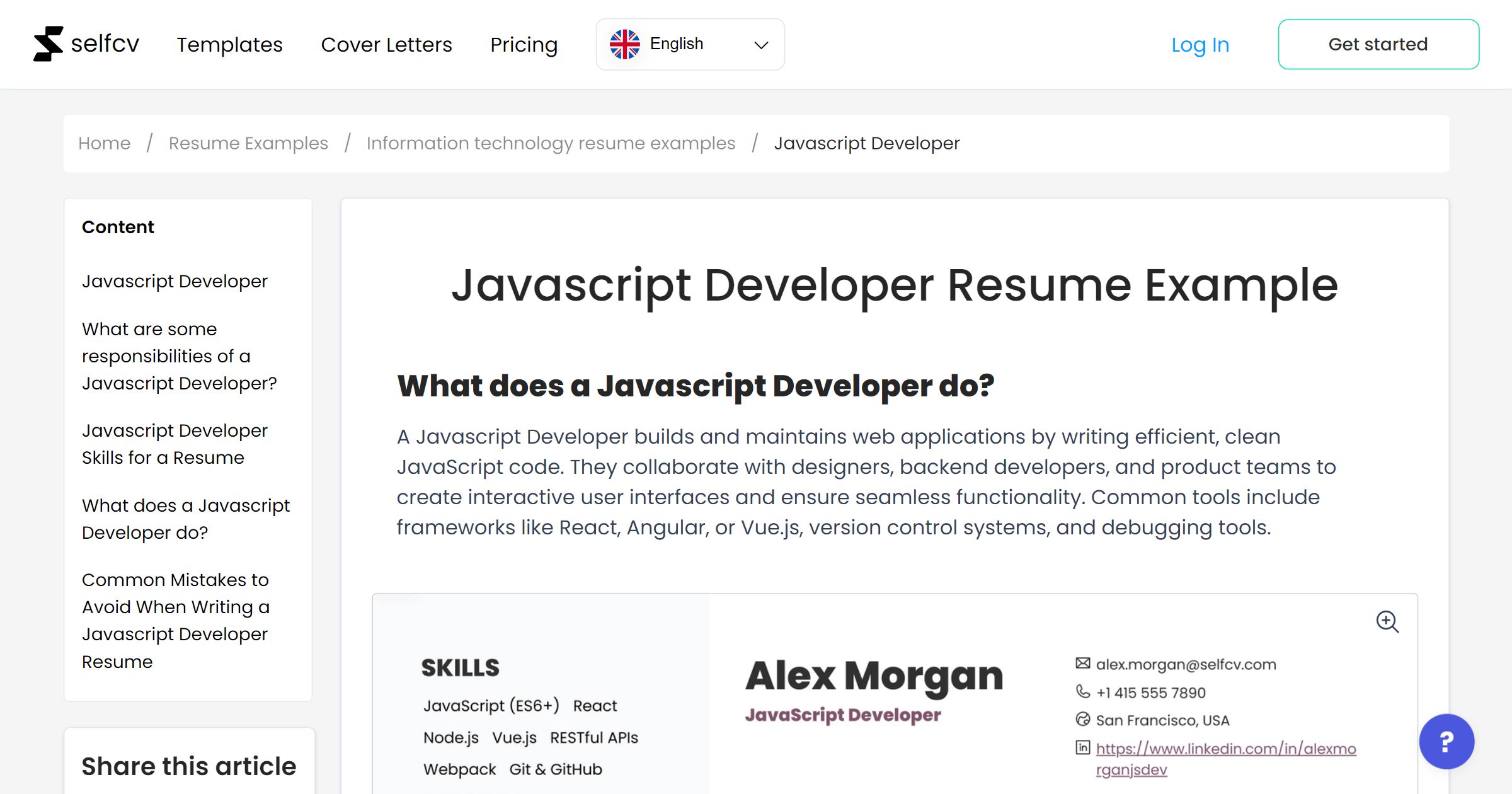 Javascript Developer Resume Example