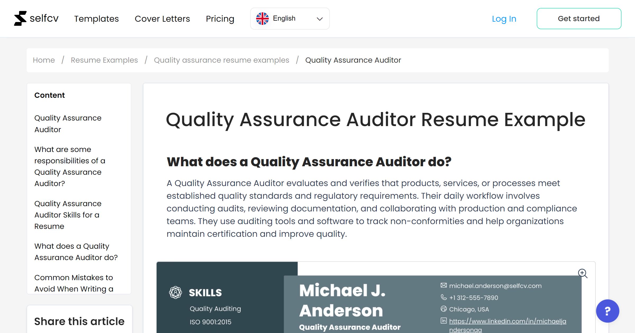 Quality Assurance Auditor Resume Example