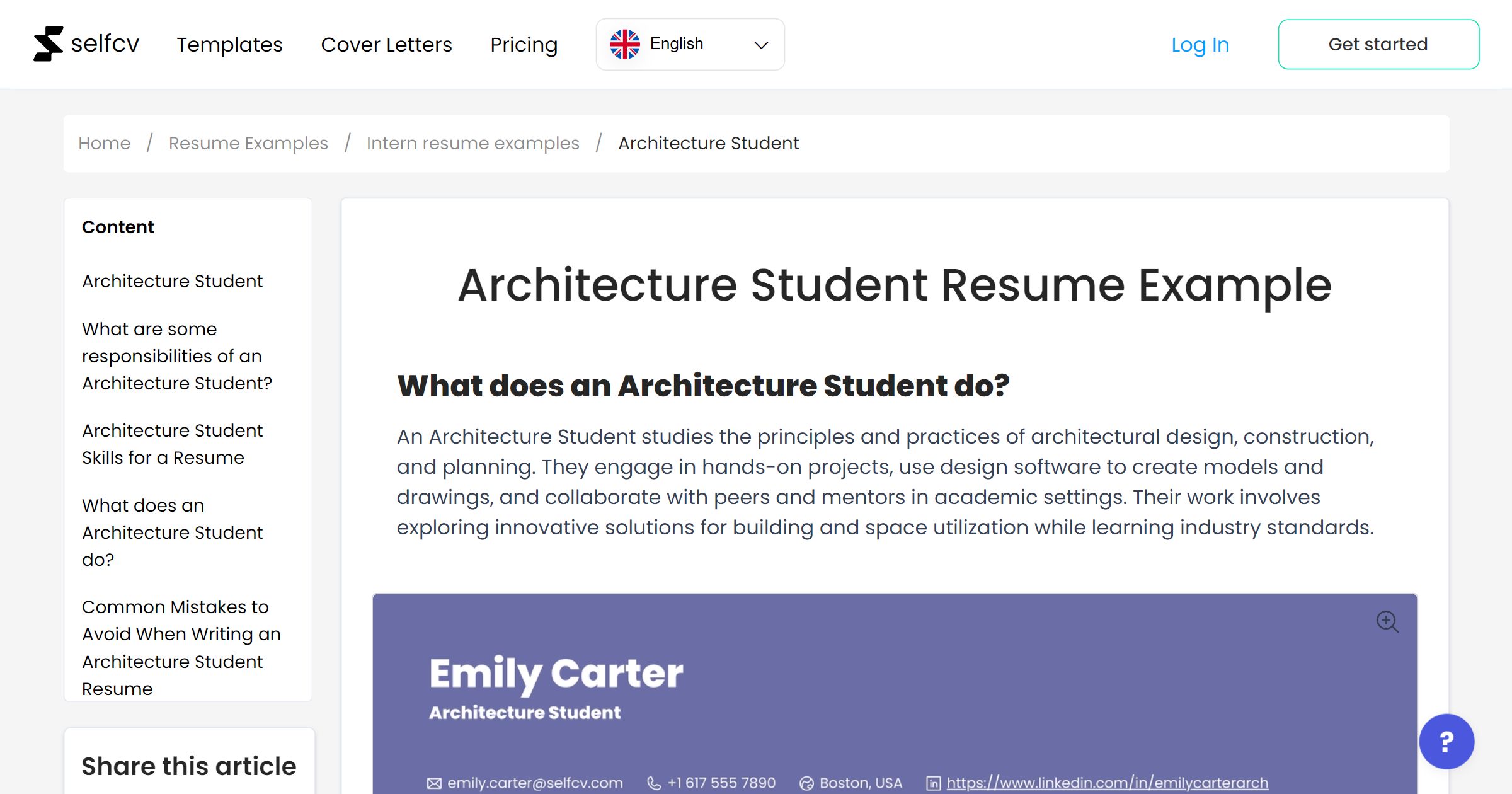 Architecture Student Resume Example