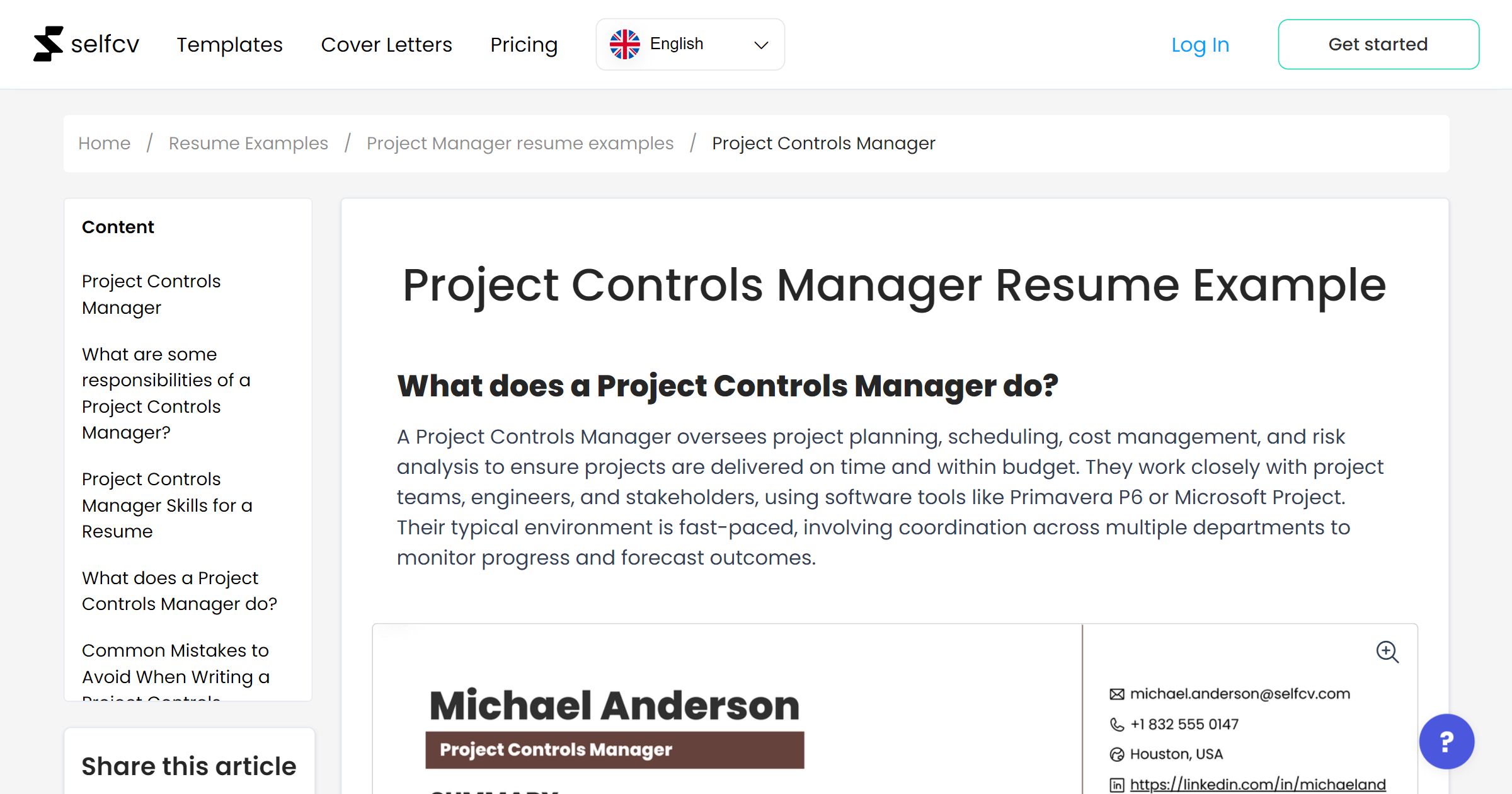 Project Controls Manager Resume Example