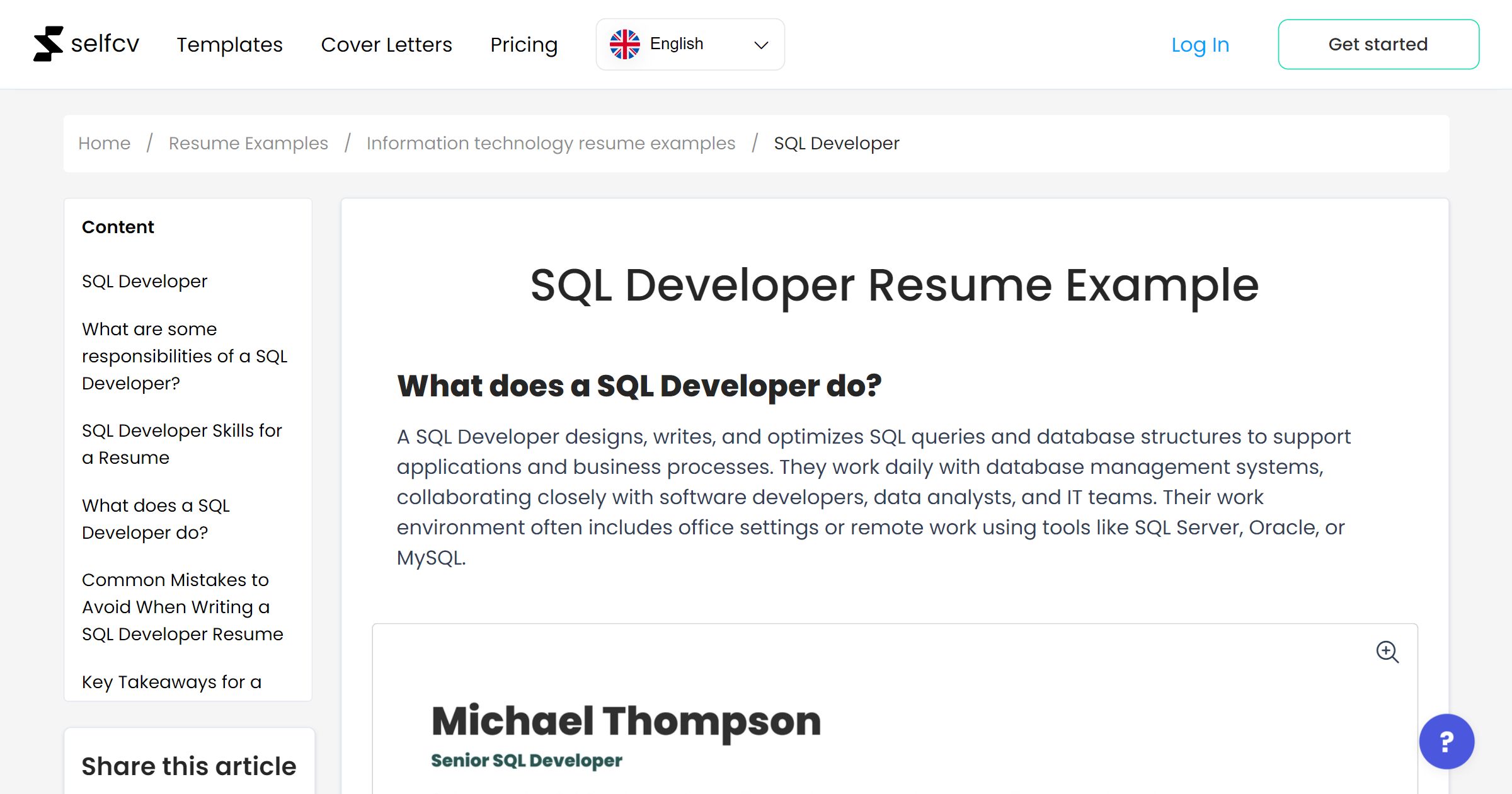 SQL Developer Resume Example