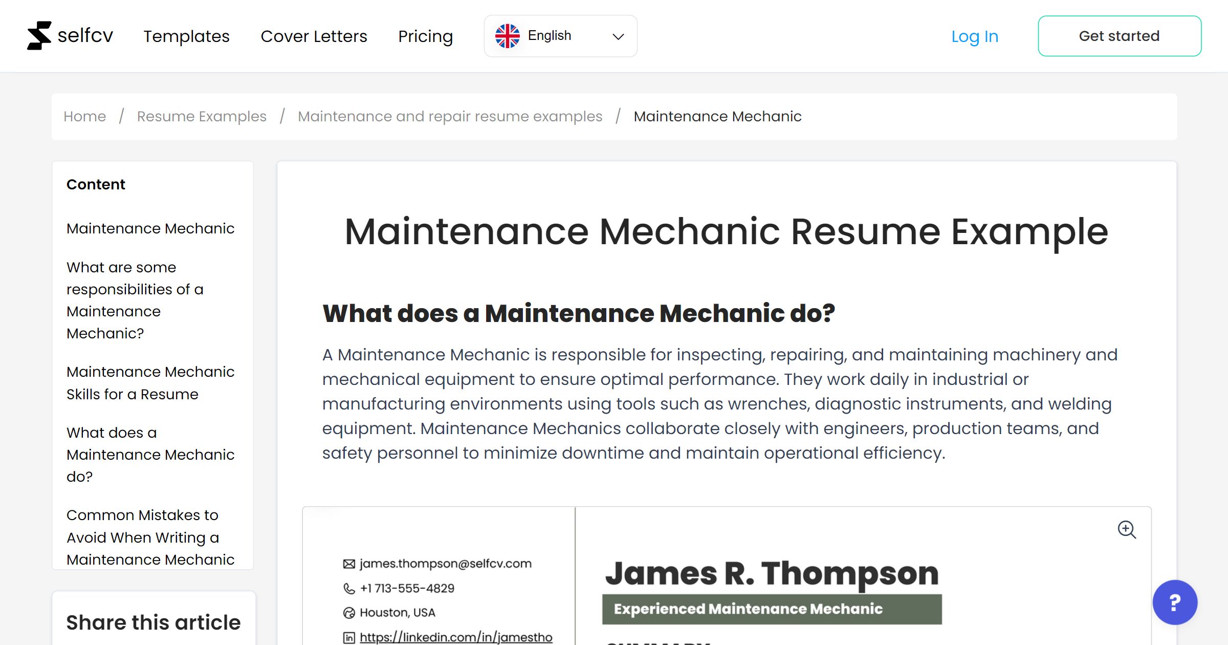 Maintenance Mechanic Resume Example