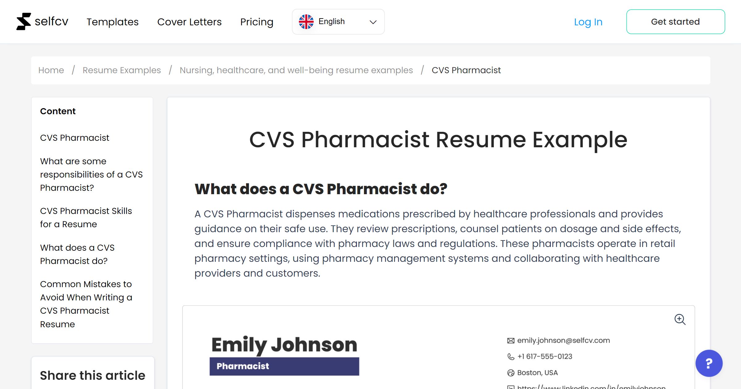 CVS Pharmacist Resume Example