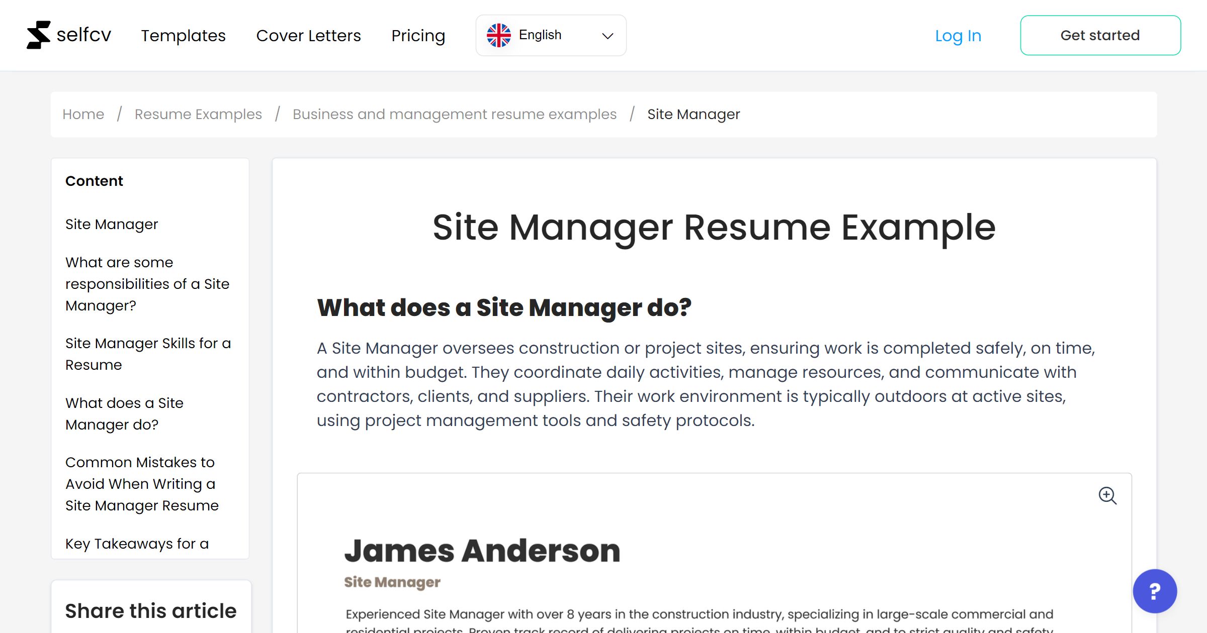 Site Manager Resume Example