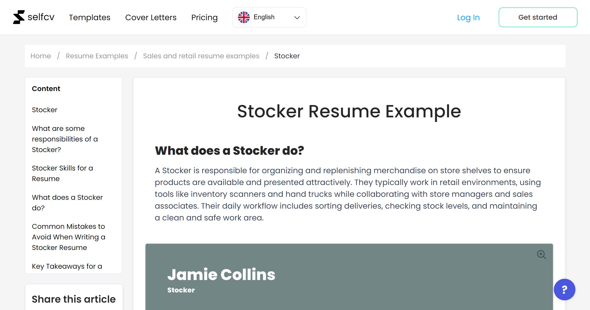 Stocker Resume Example