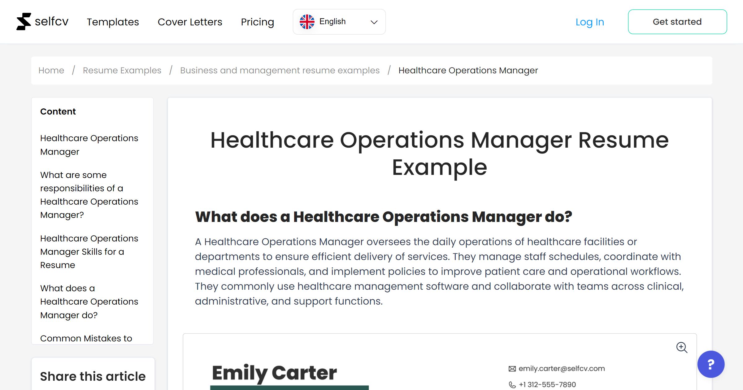 Healthcare Operations Manager Resume Example
