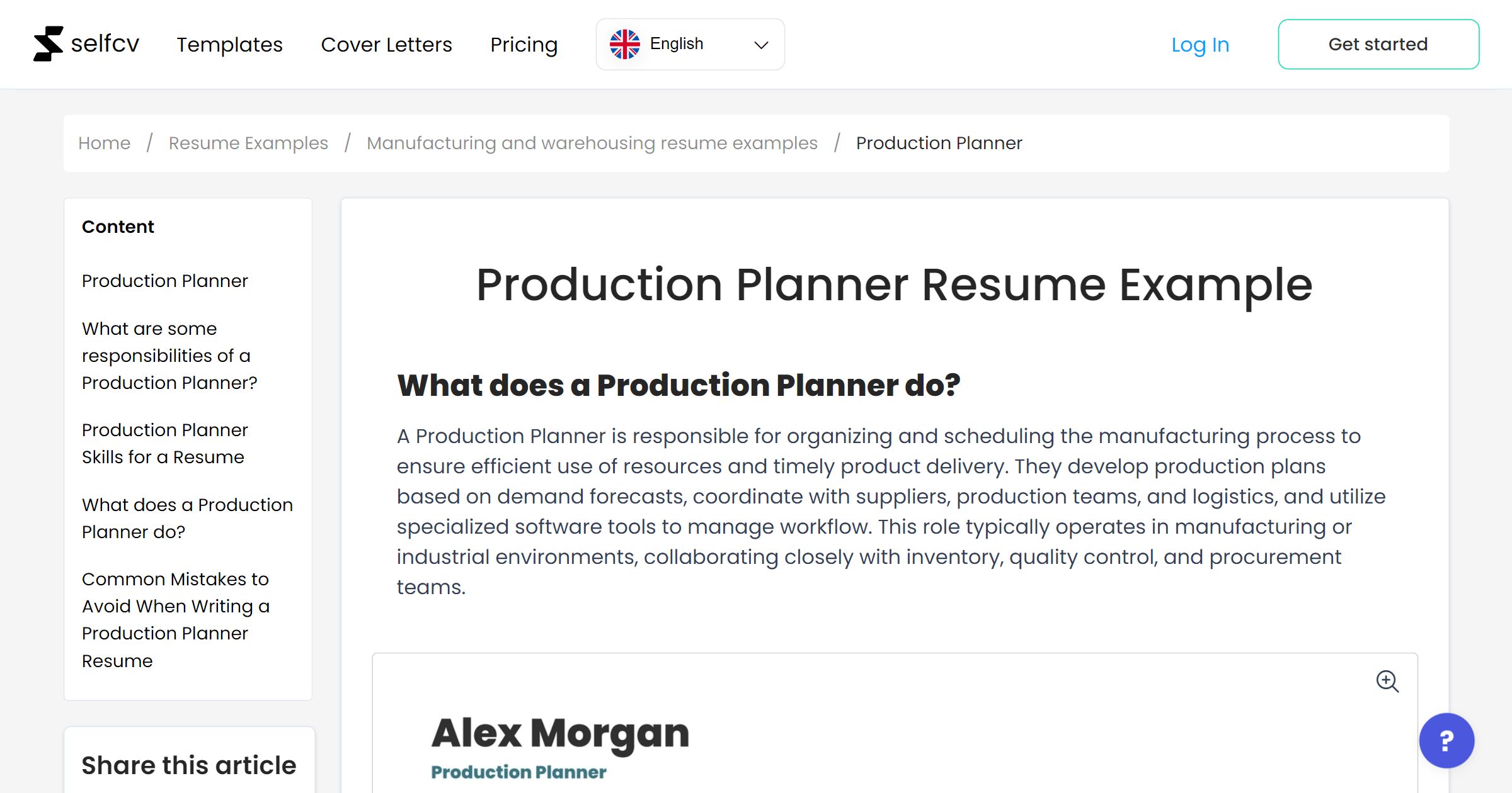 Production Planner Resume Example