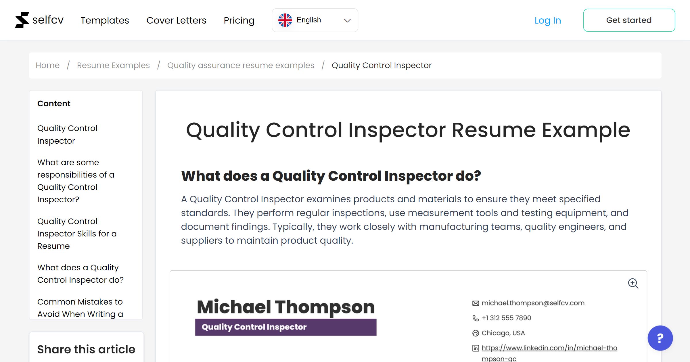 Quality Control Inspector Resume Example