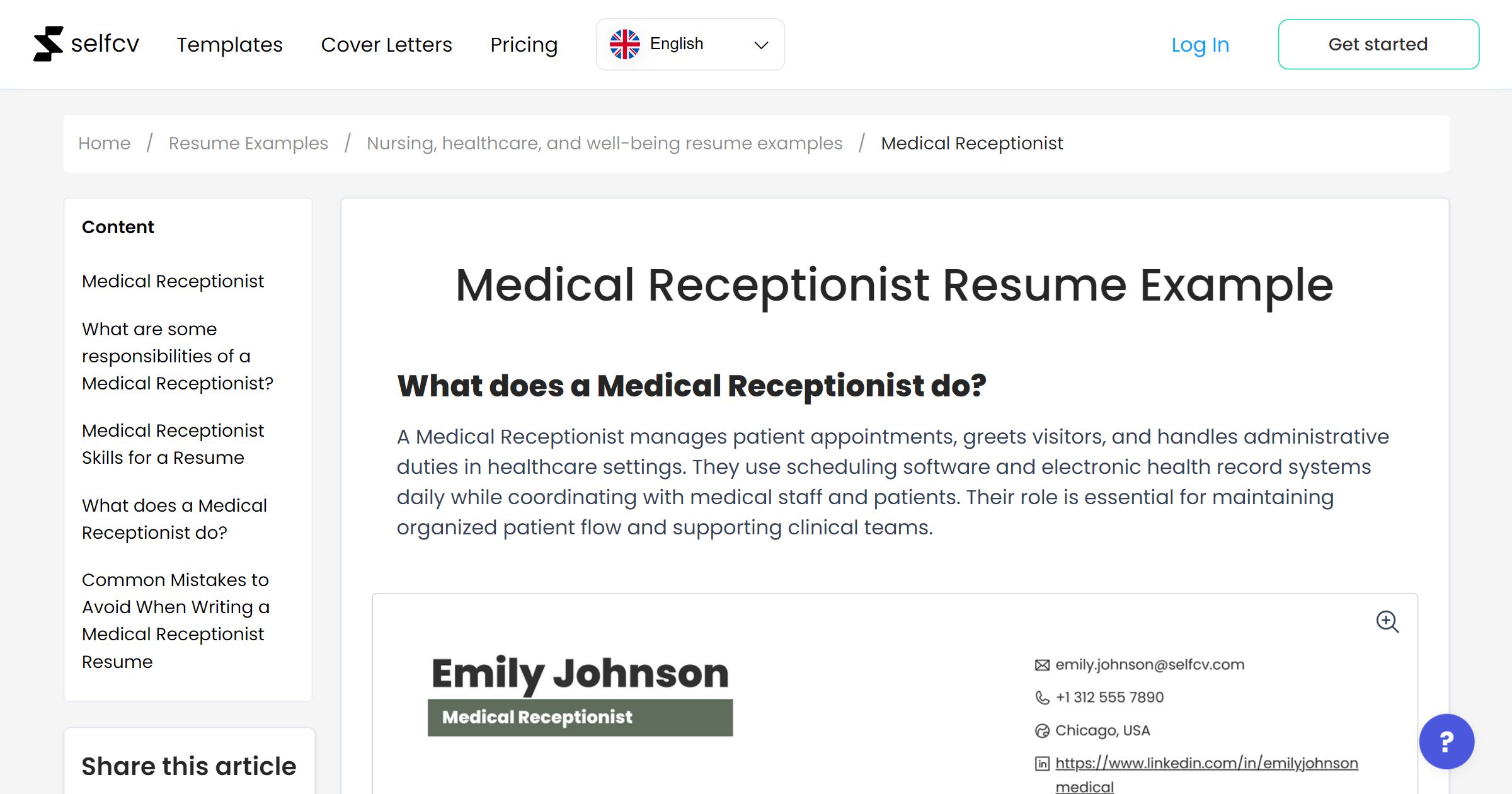 Medical Receptionist Resume Example