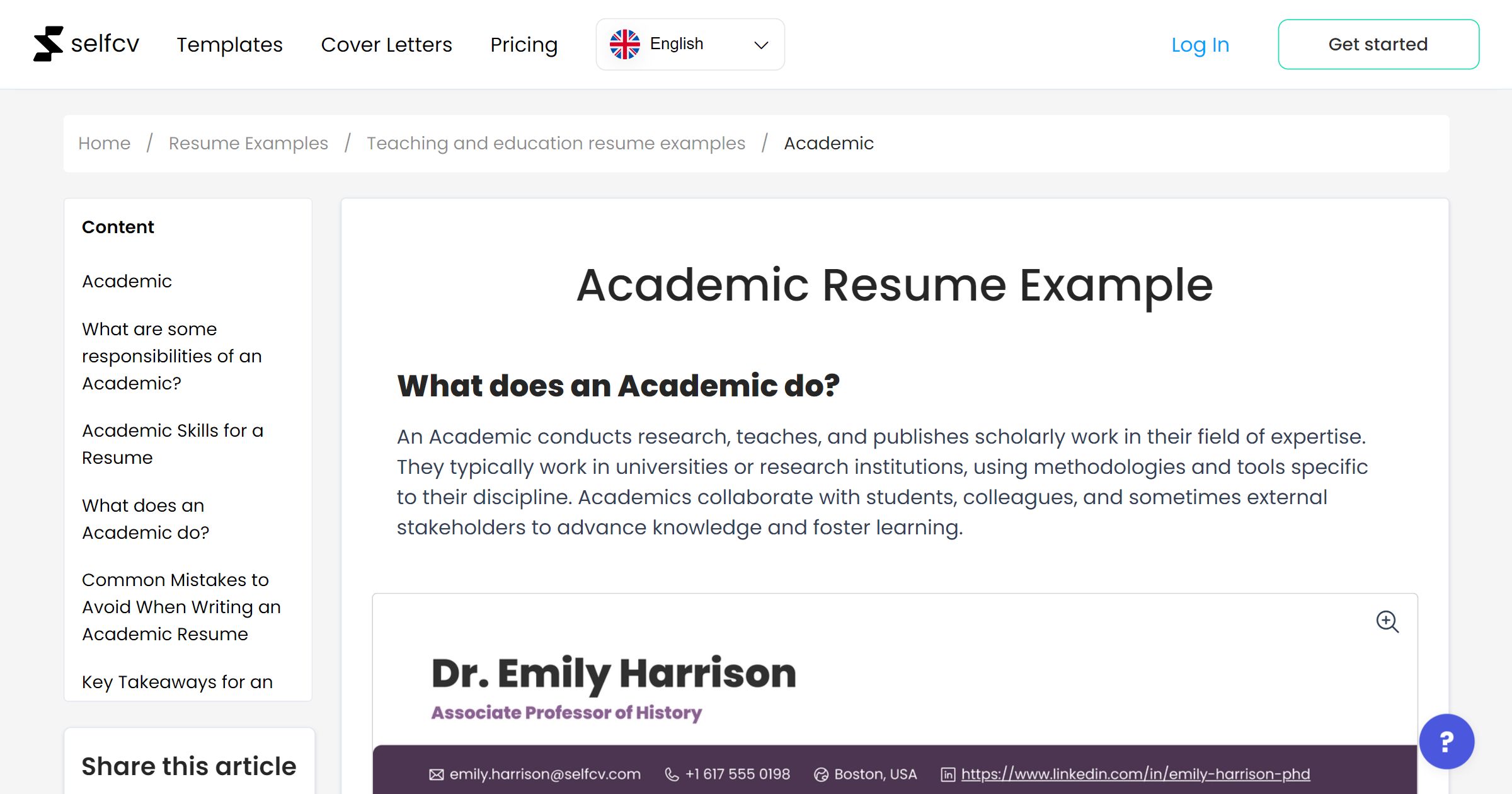Academic Resume Example