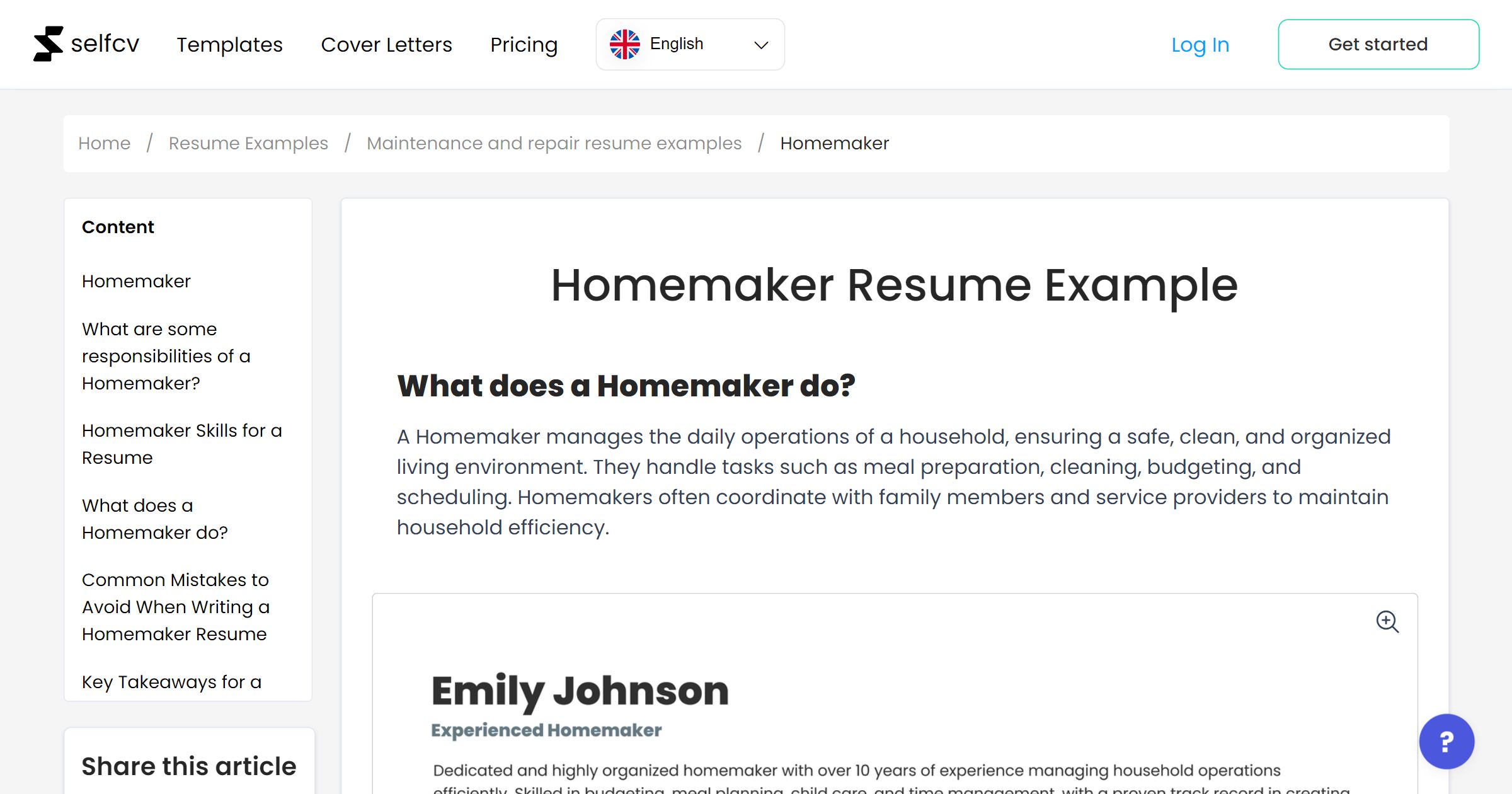 Homemaker Resume Example