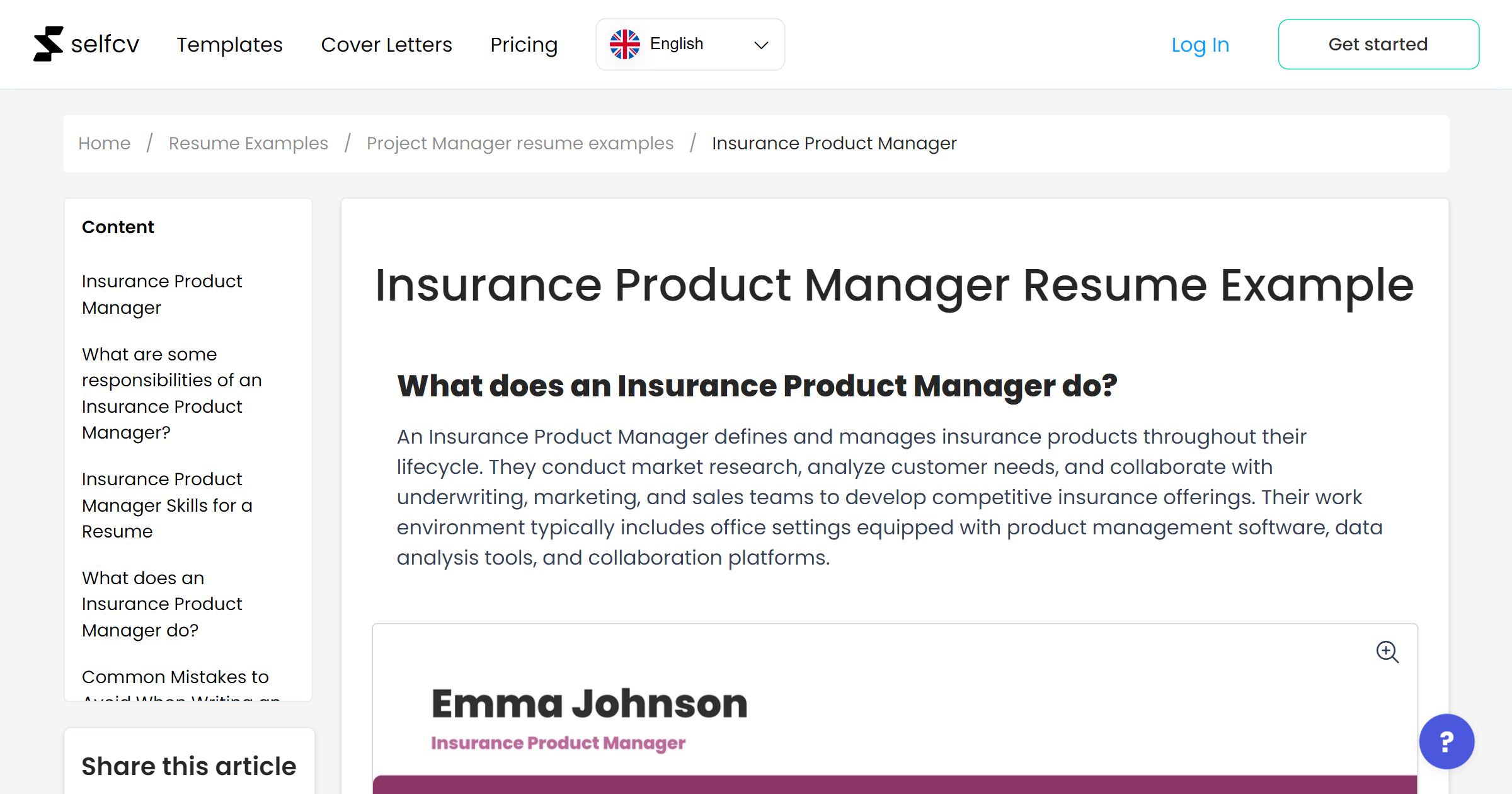 Insurance Product Manager Resume Example
