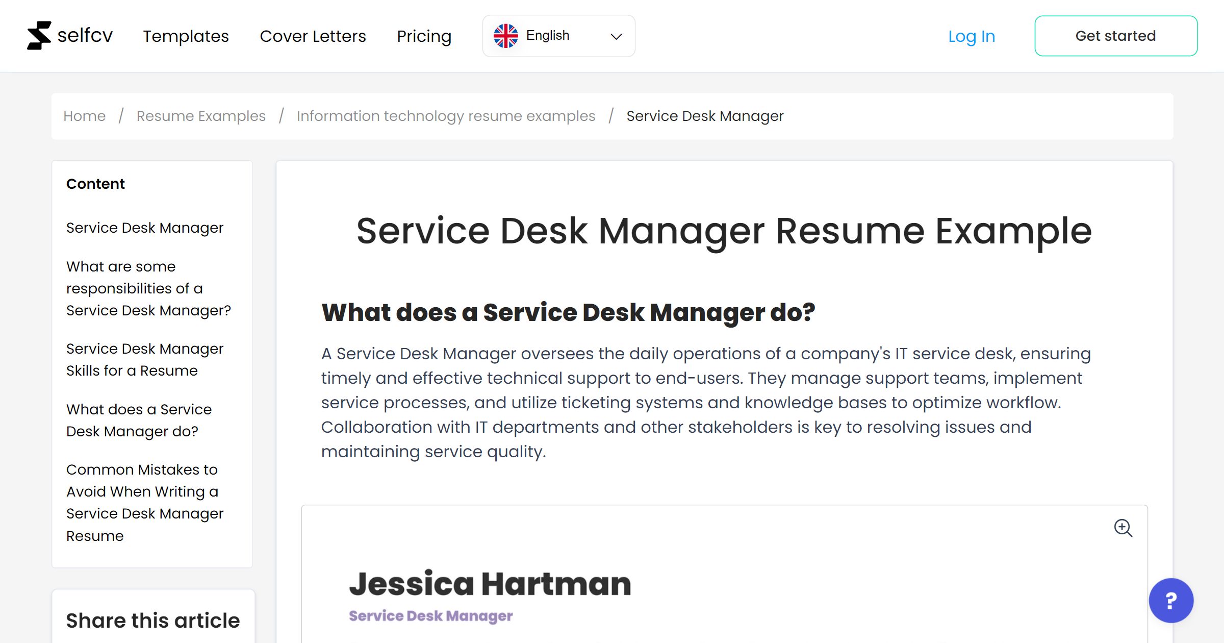 Service Desk Manager Resume Example