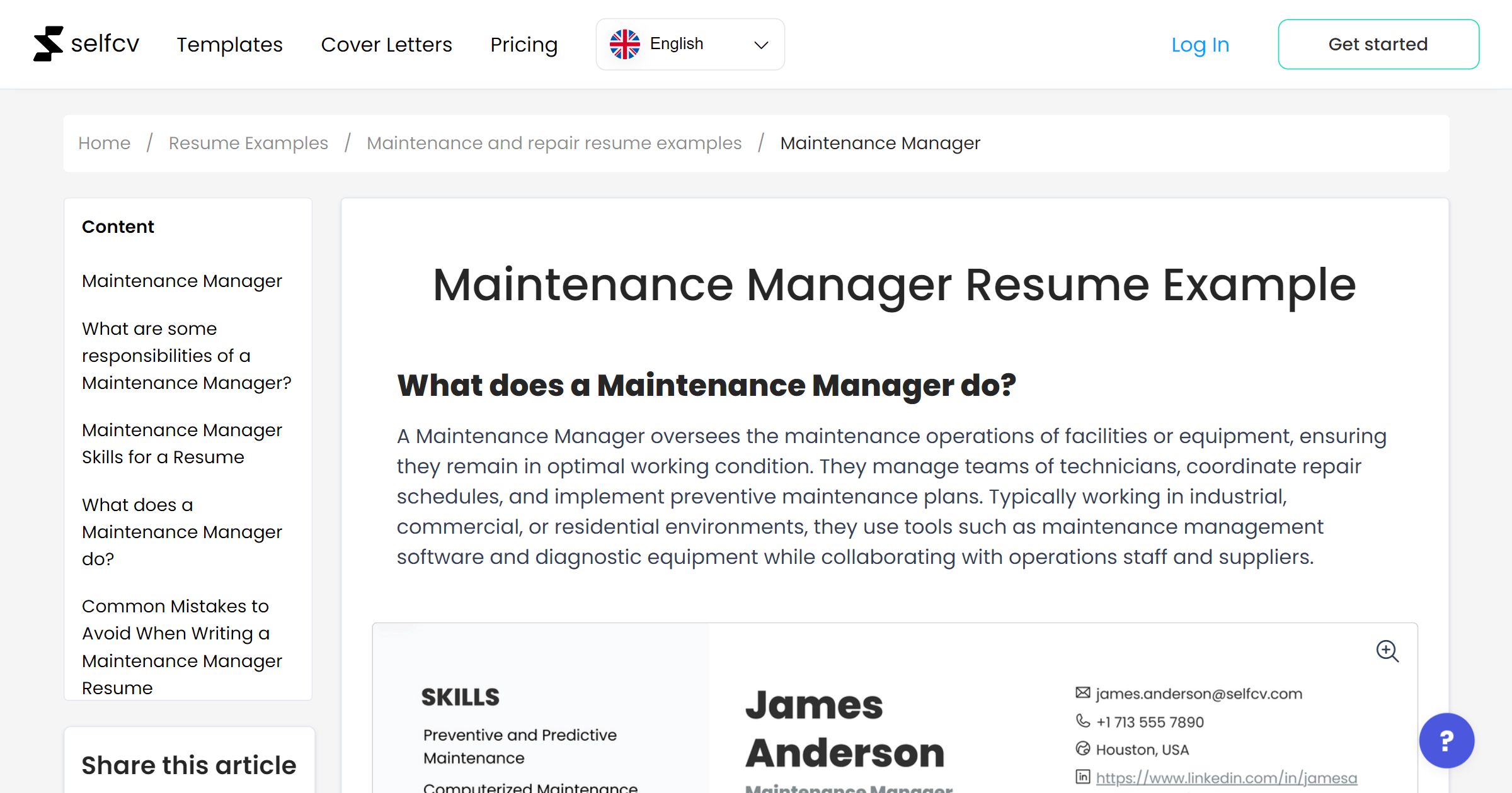 Maintenance Manager Resume Example