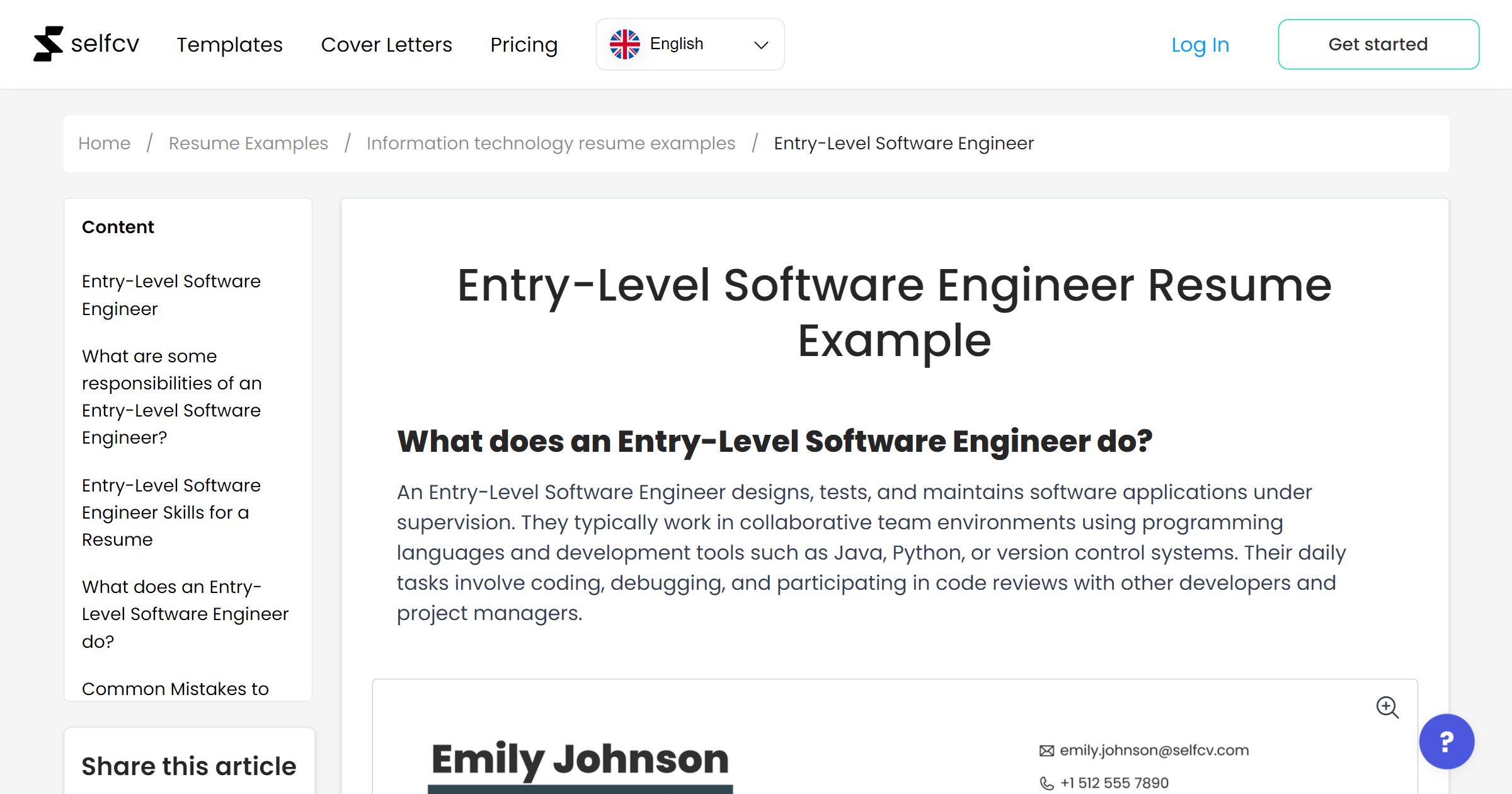 Entry-Level Software Engineer Resume Example