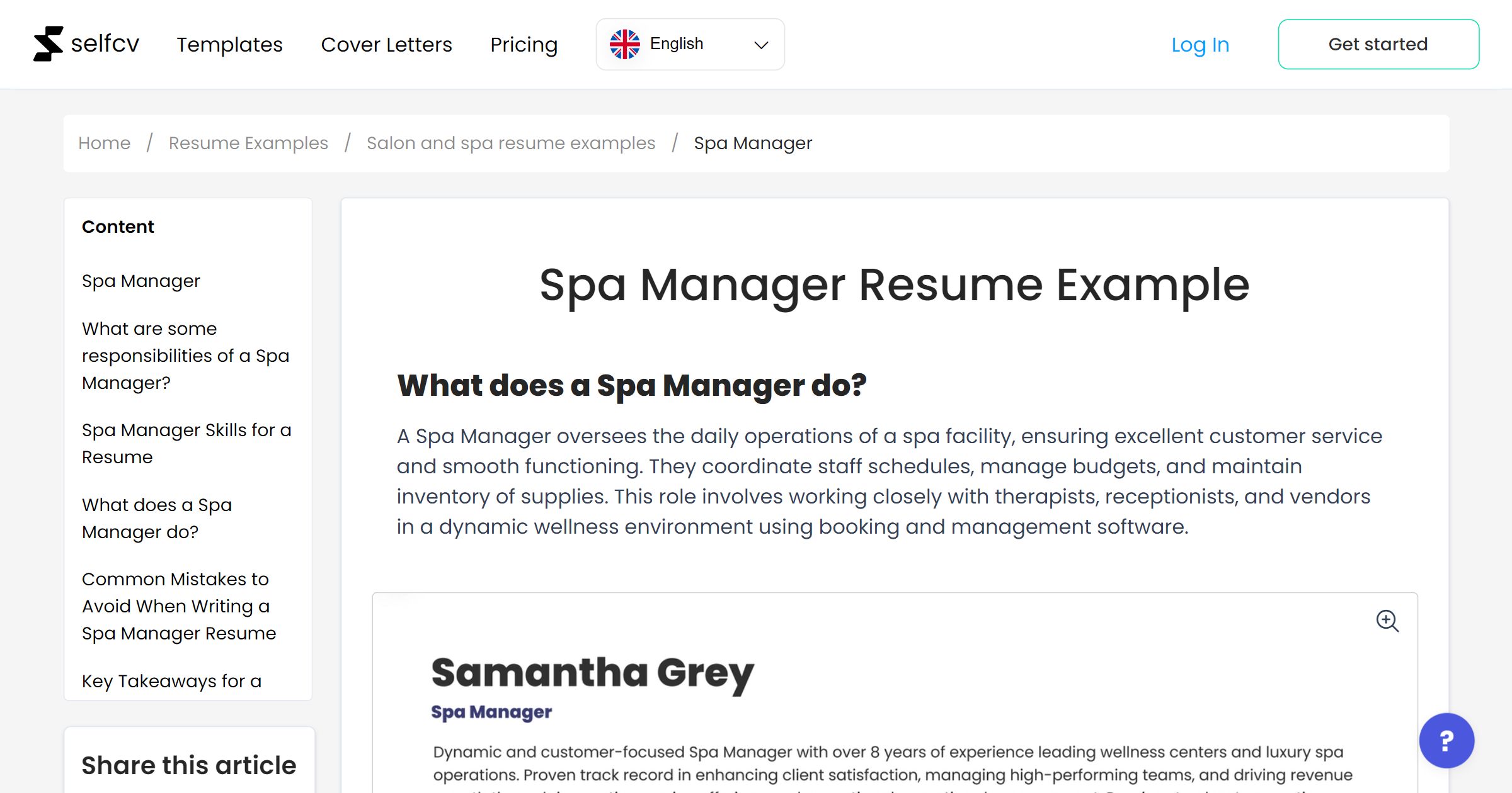 Spa Manager Resume Example