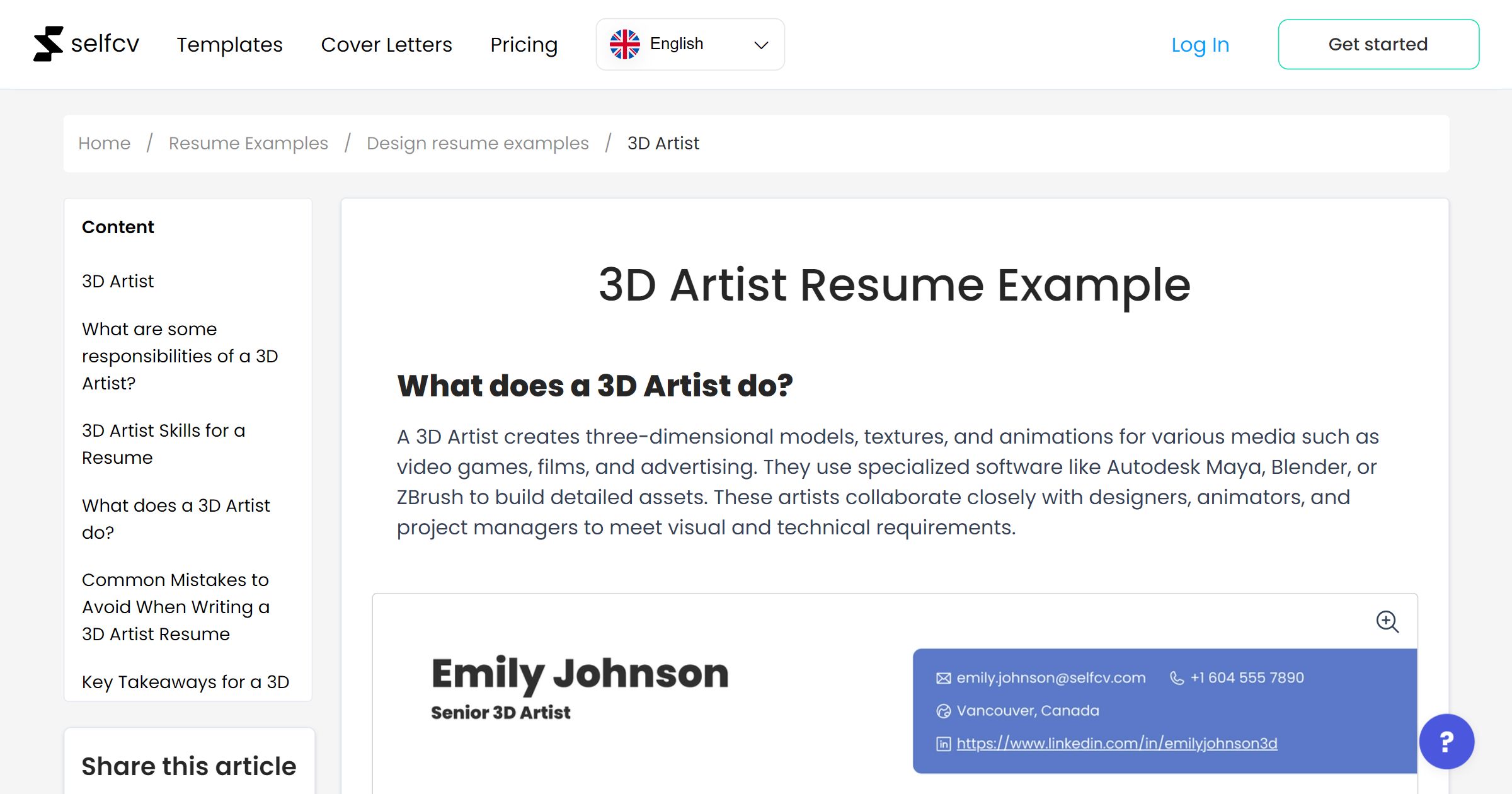 3D Artist Resume Example