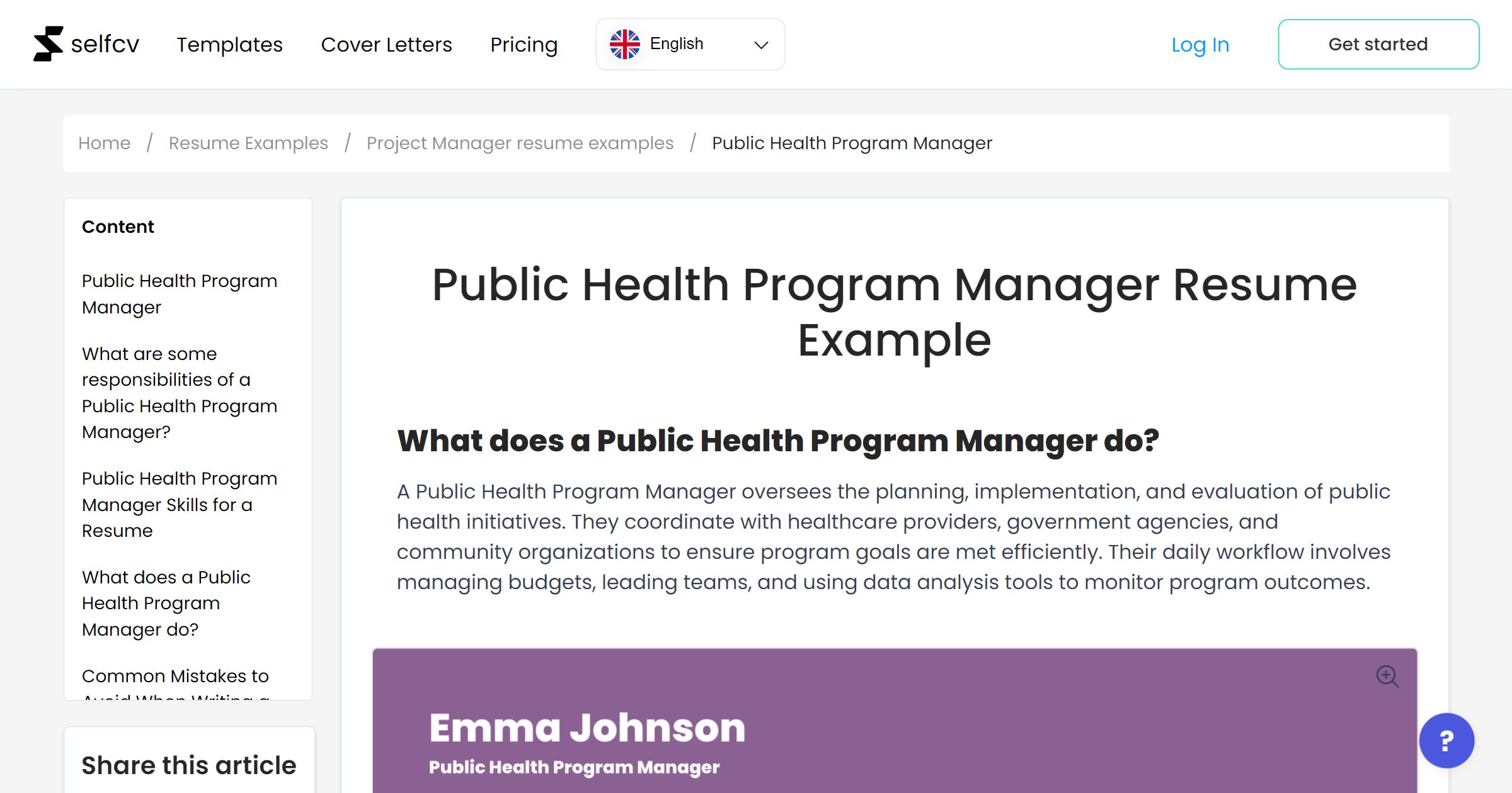Public Health Program Manager Resume Example