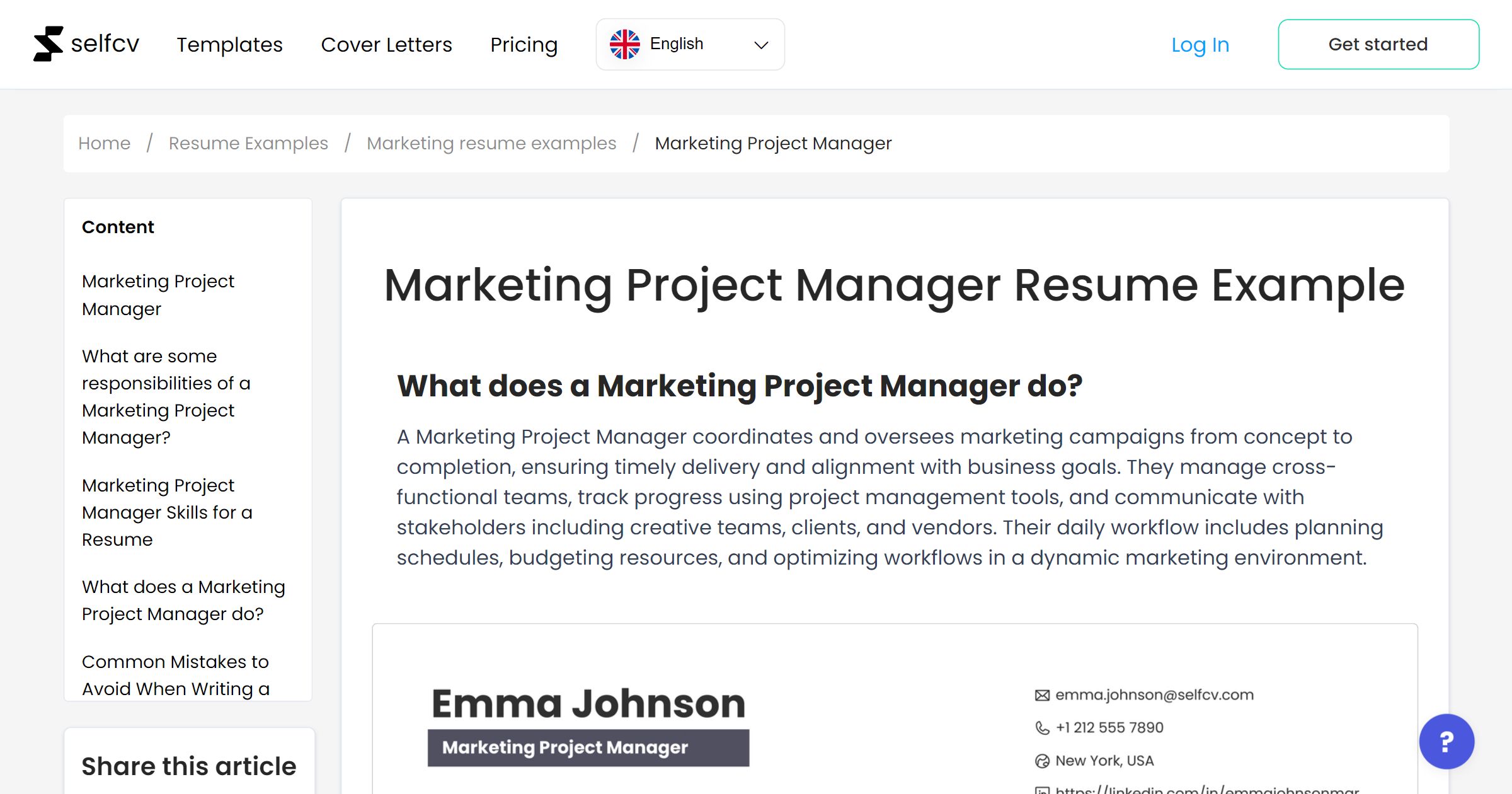 Marketing Project Manager Resume Example