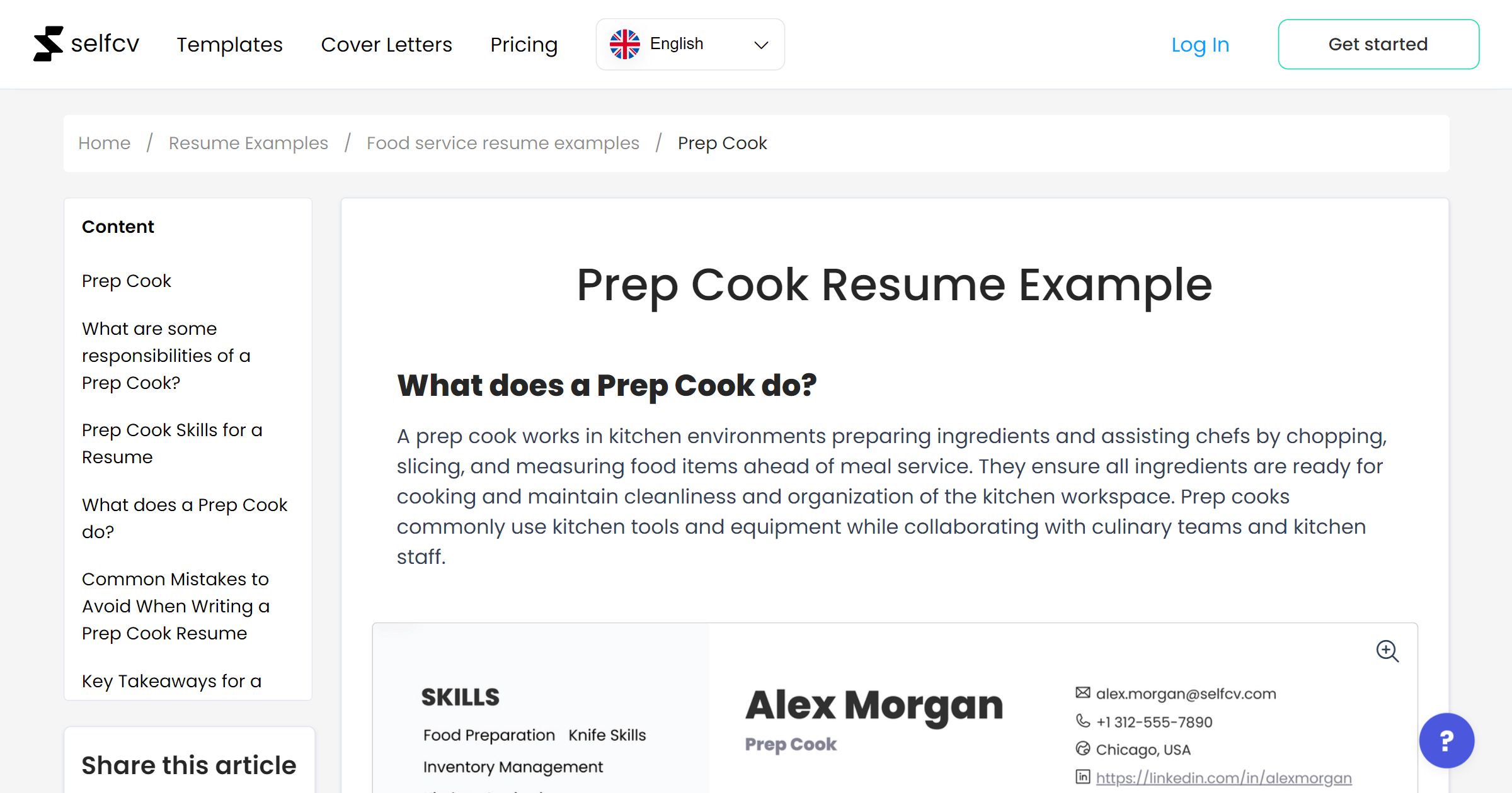 Prep Cook Resume Example