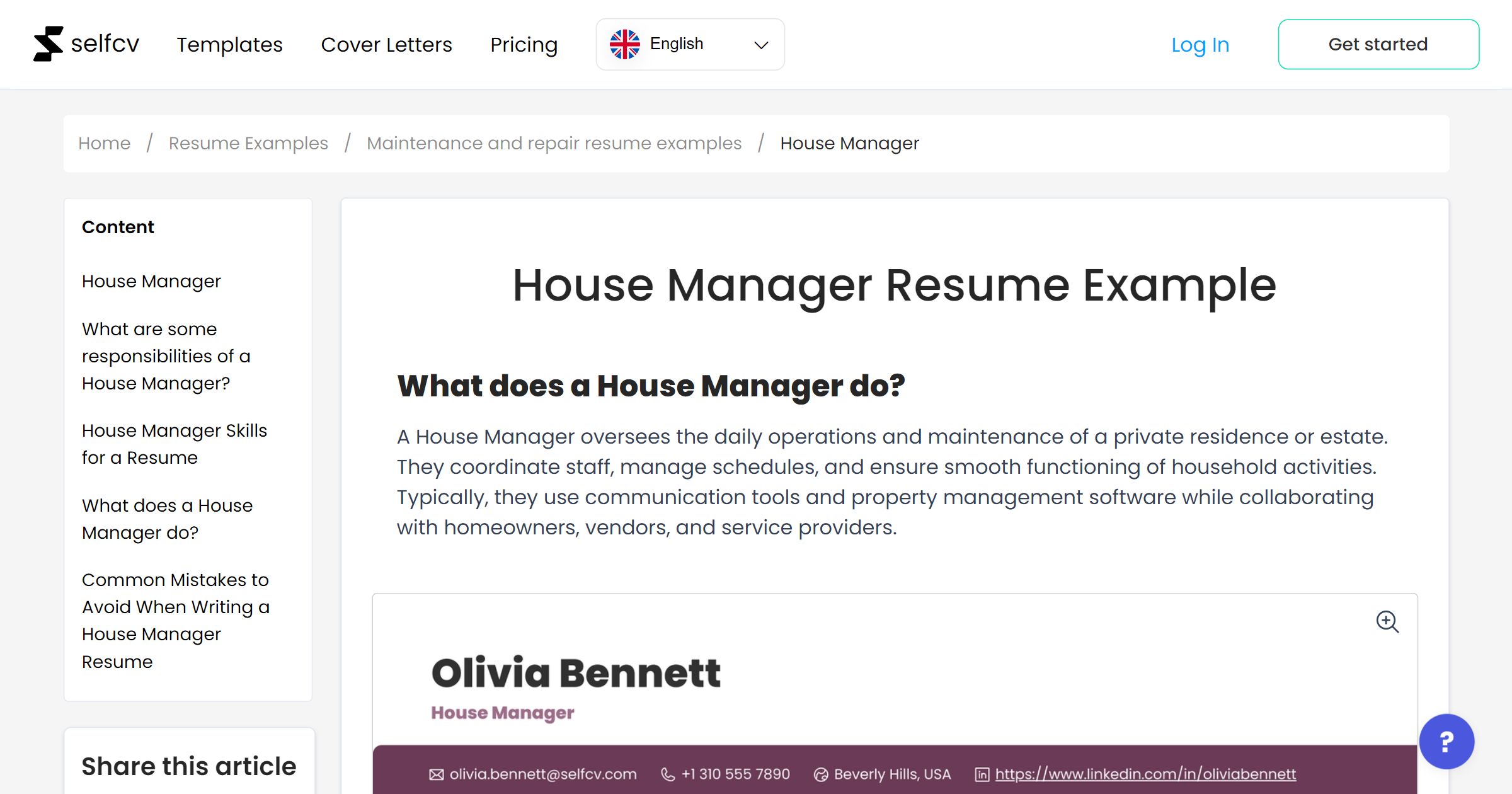 House Manager Resume Example