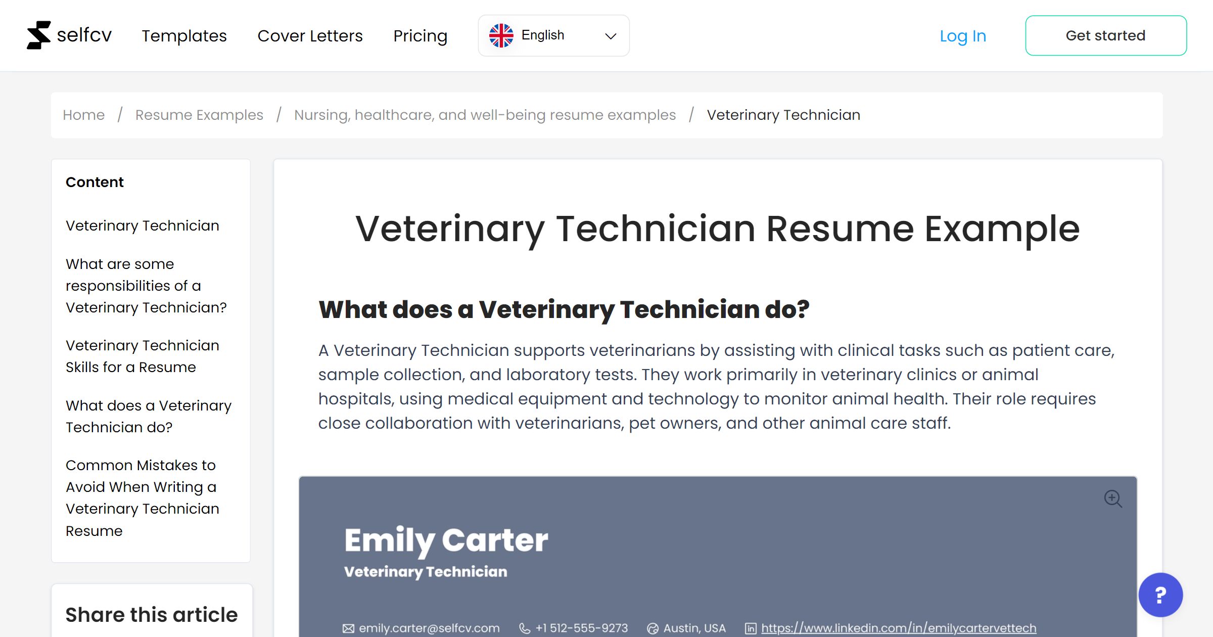 Veterinary Technician Resume Example