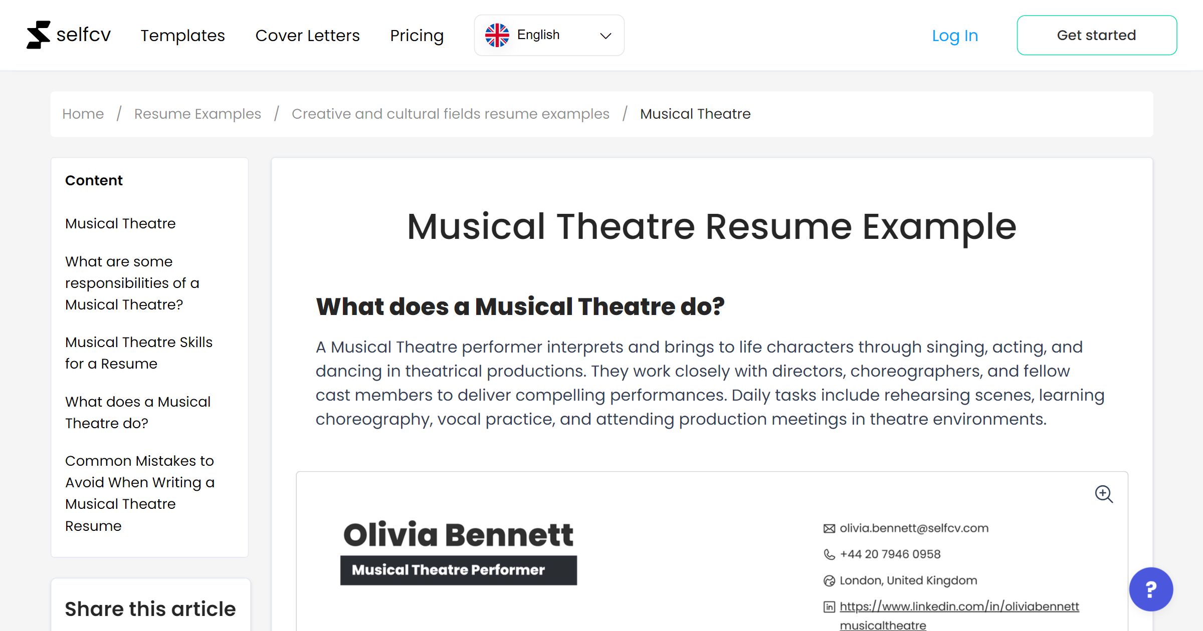 Musical Theatre Resume Example