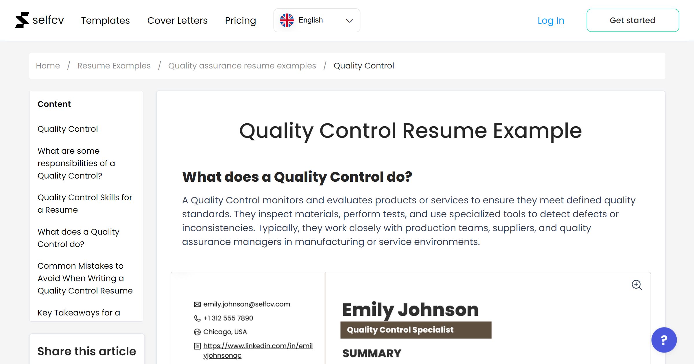 Quality Control Resume Example
