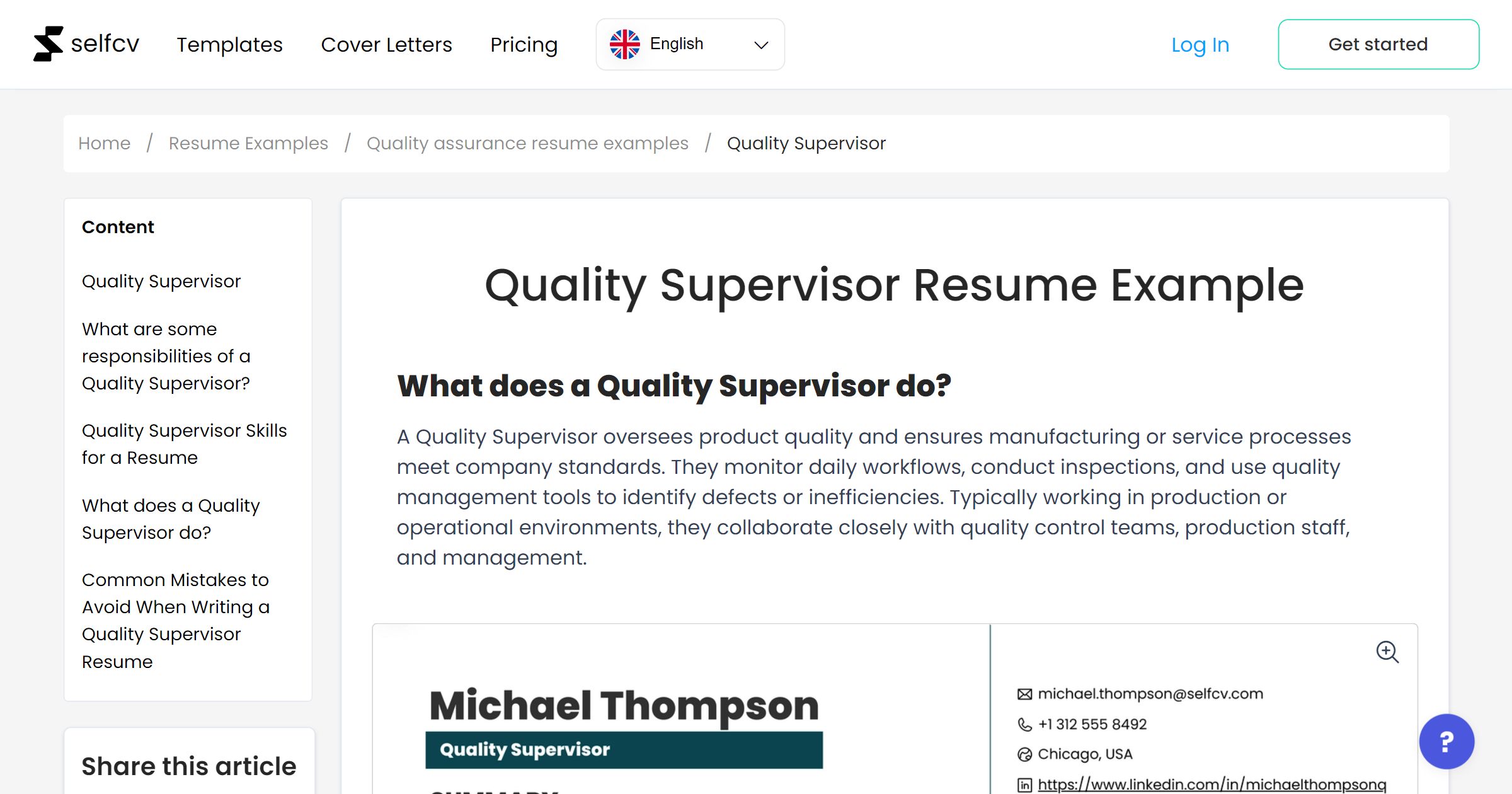 Quality Supervisor Resume Example
