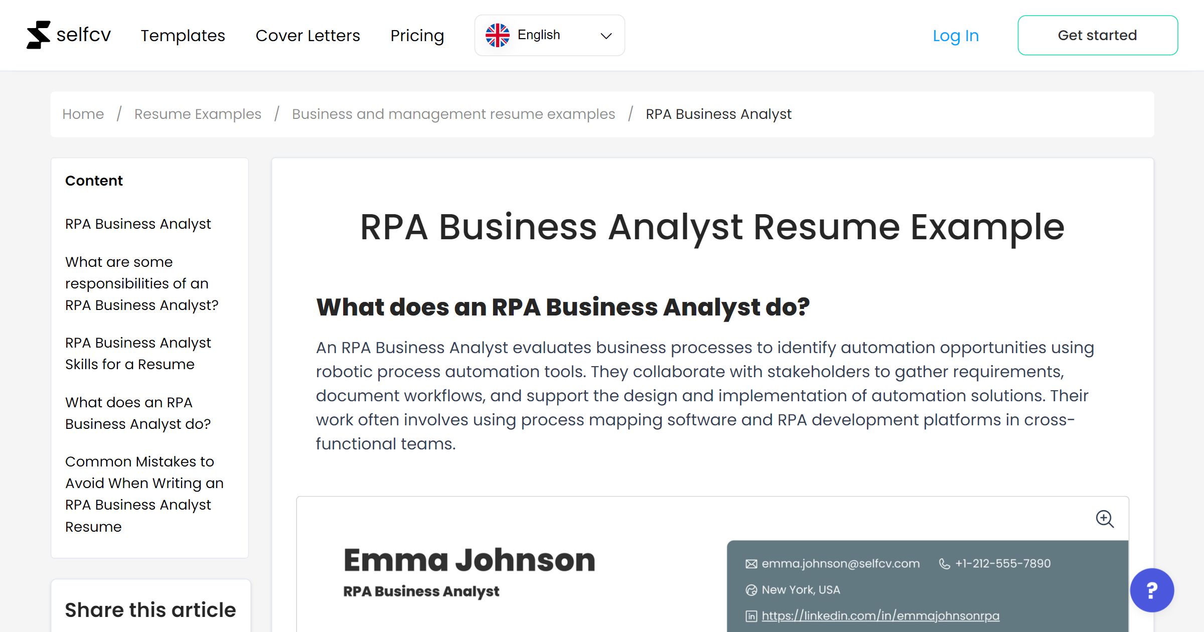 RPA Business Analyst Resume Example