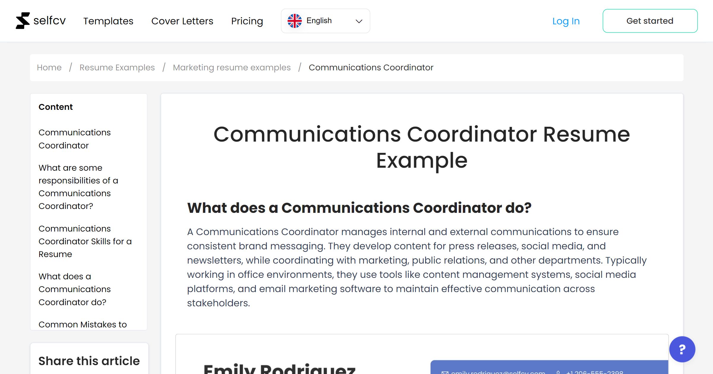 Communications Coordinator Resume Example