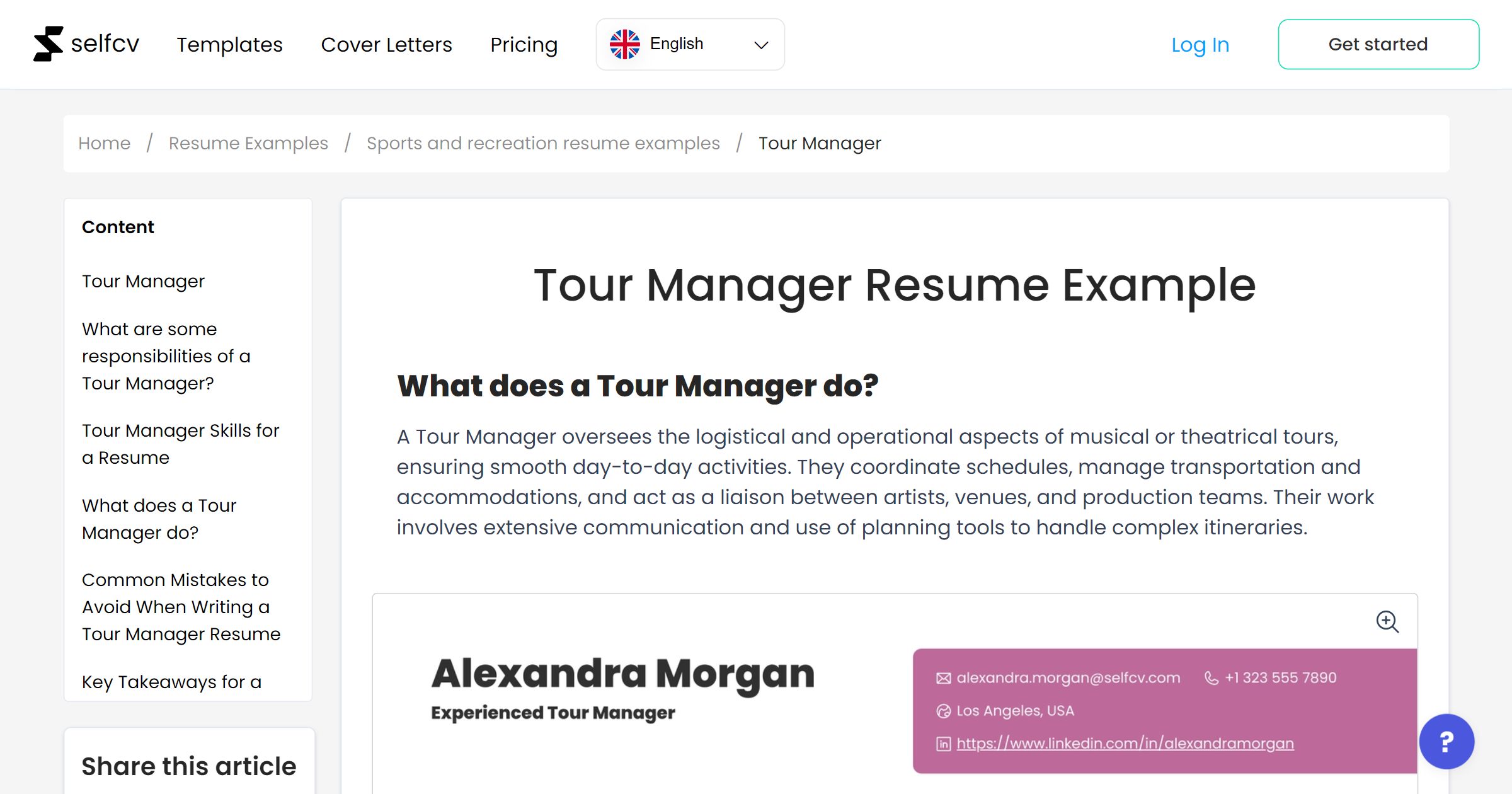 Tour Manager Resume Example