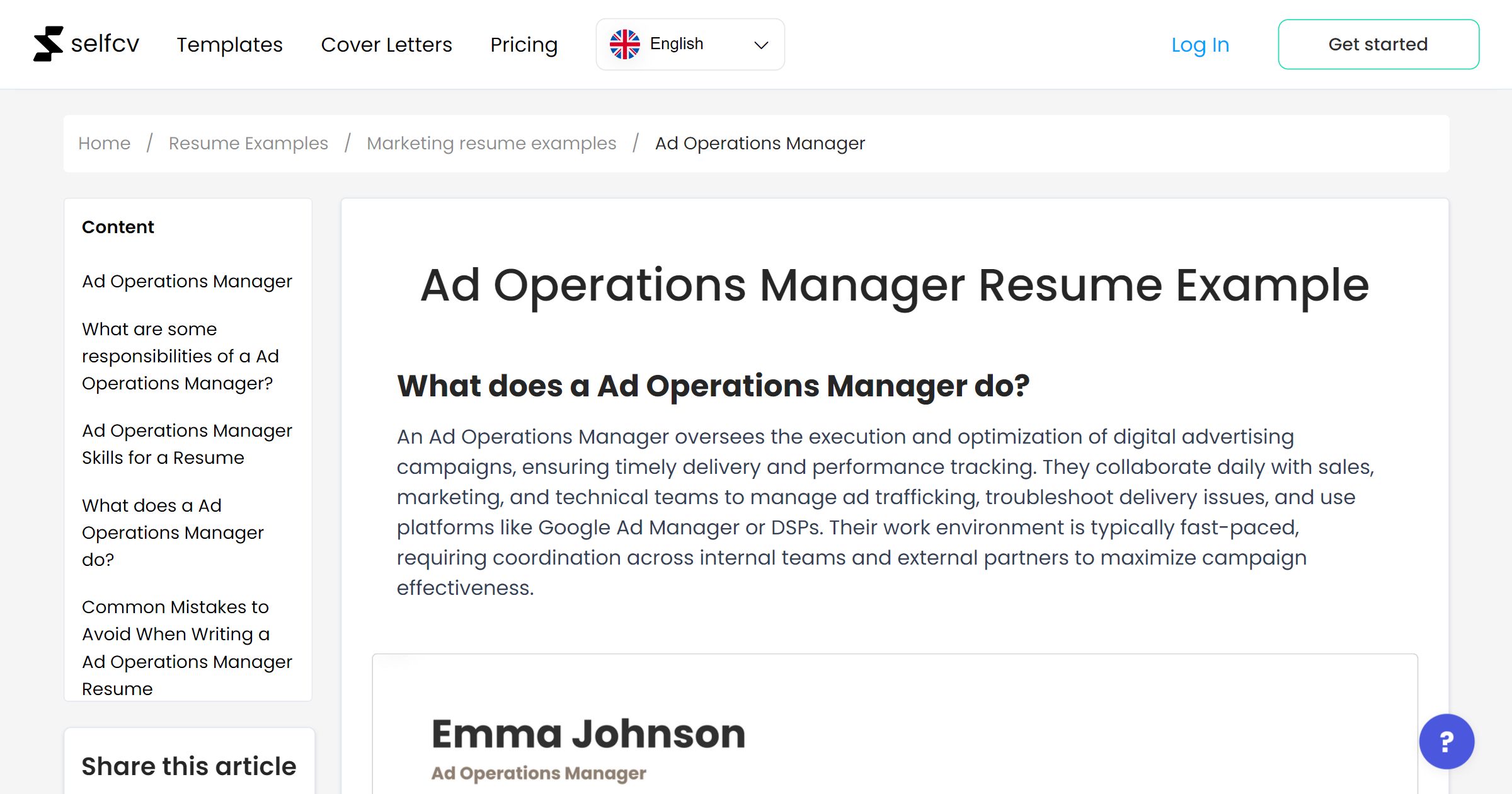 Ad Operations Manager Resume Example