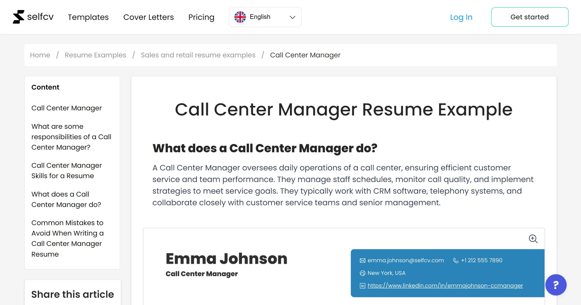 Call Center Manager Resume Example