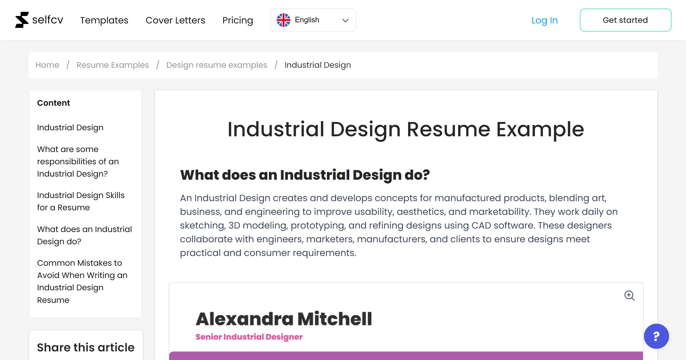 Industrial Design Resume Example