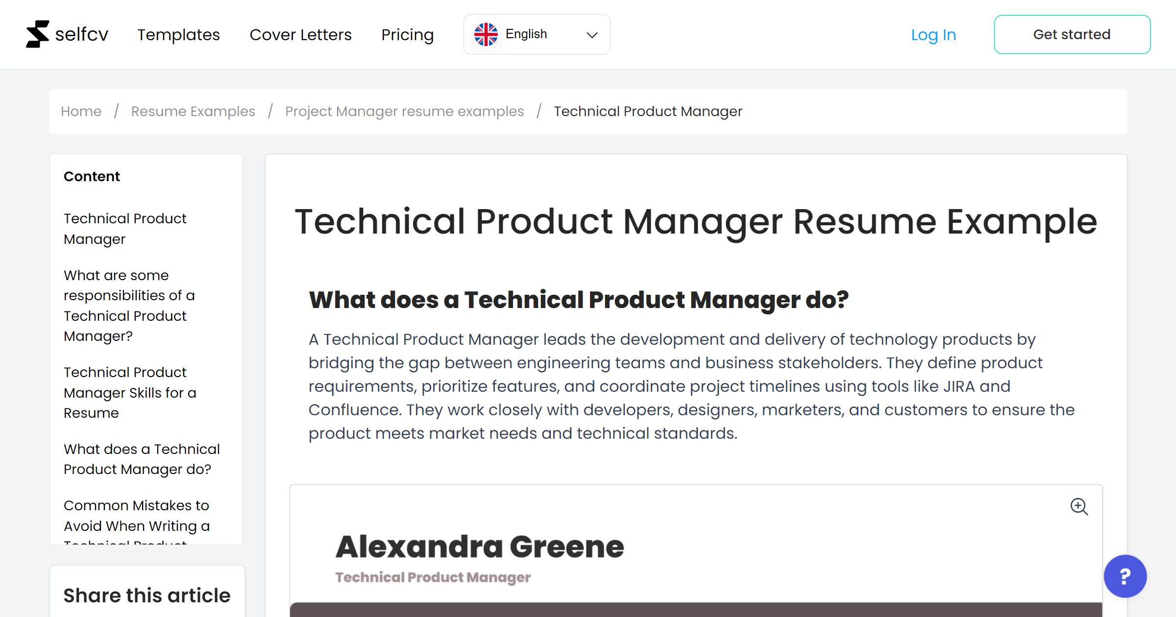 Technical Product Manager Resume Example